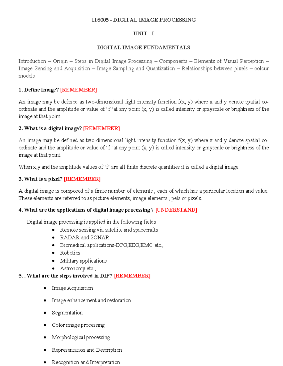 IT6005-DIP-QB-2017-2018 - IT6005 - DIGITAL IMAGE PROCESSING UNIT I DIGITAL IMAGE FUNDAMENTALS ...