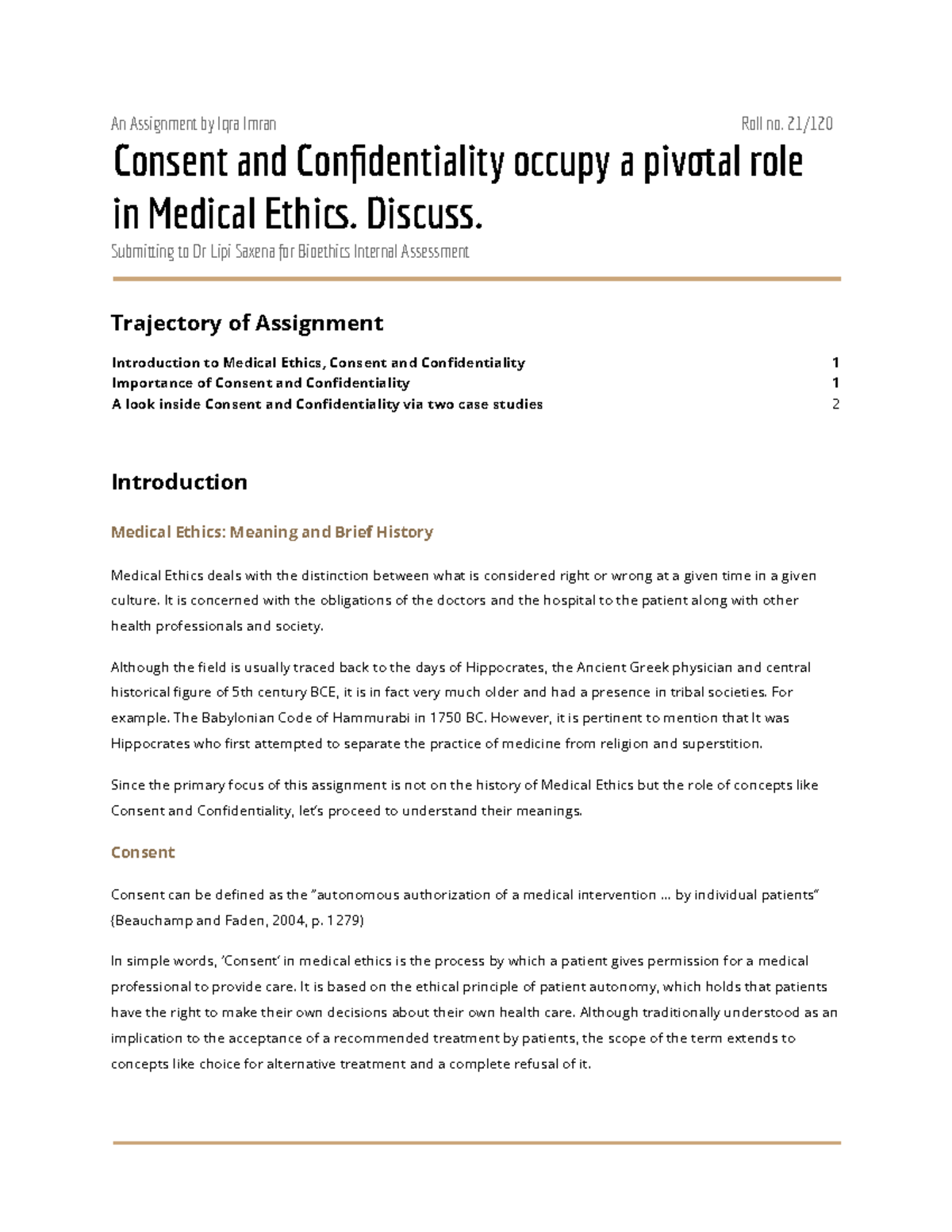 Bioethics Assignment - An Assignment by Iqra Imran Roll no. 21/ Consent ...