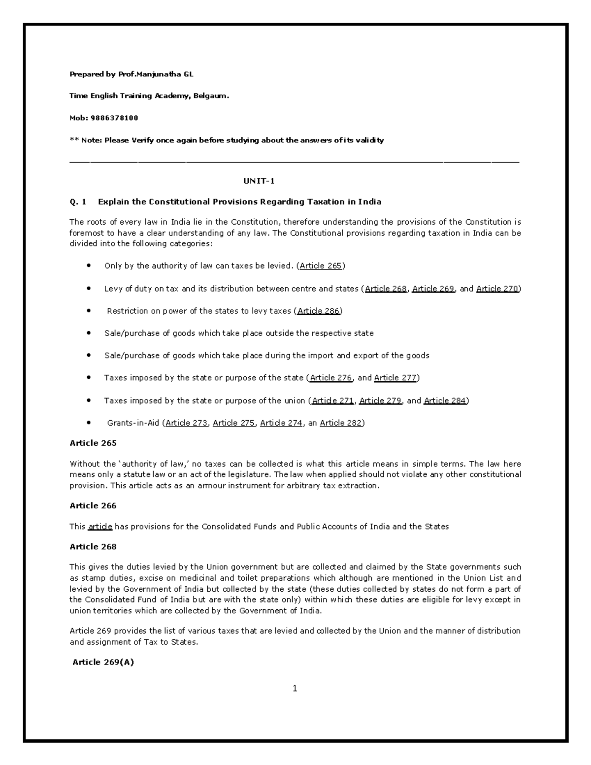 Taxation Questions and answers 11.5.22 - Prepared by Prof GL Time ...