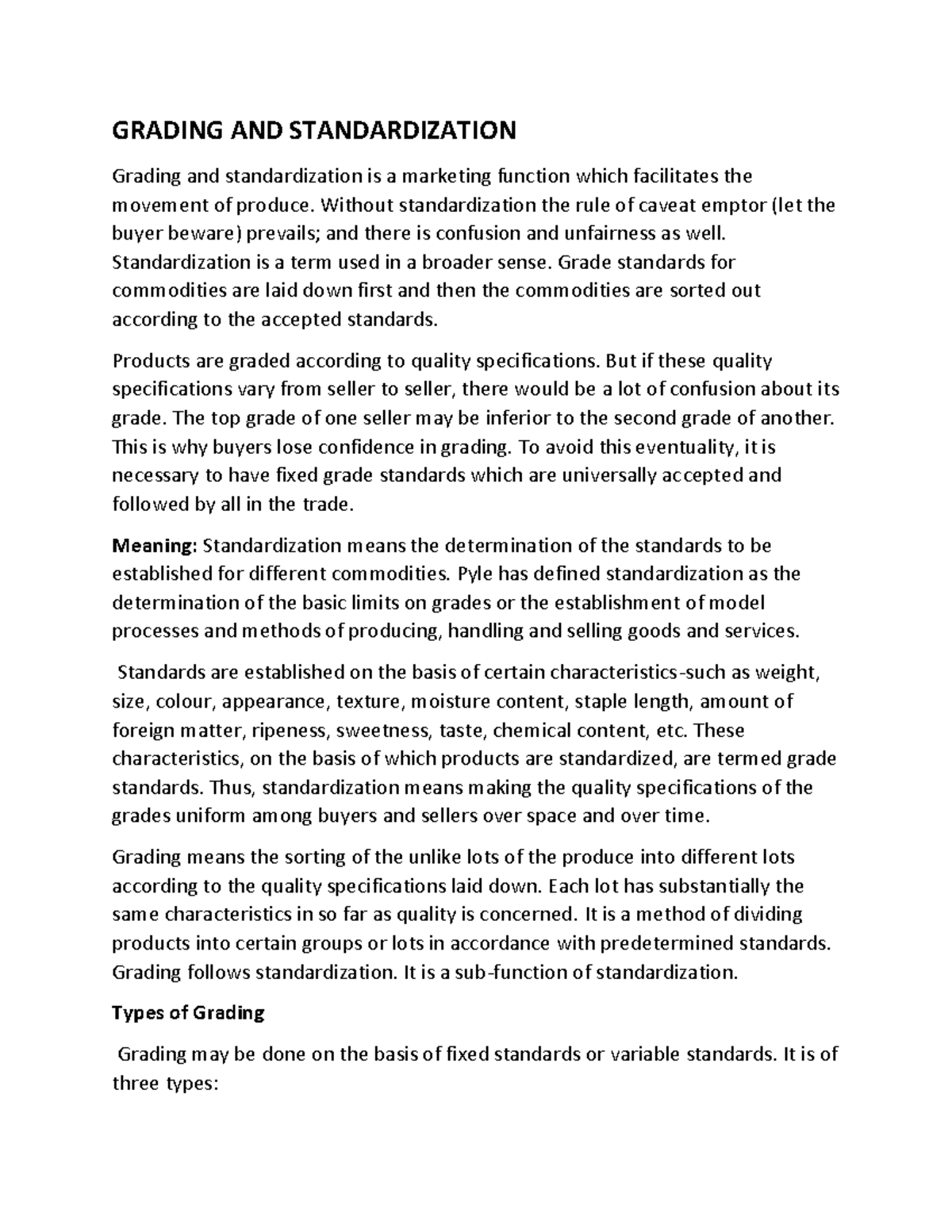 Grading And Standardization GRADING AND STANDARDIZATION Grading And