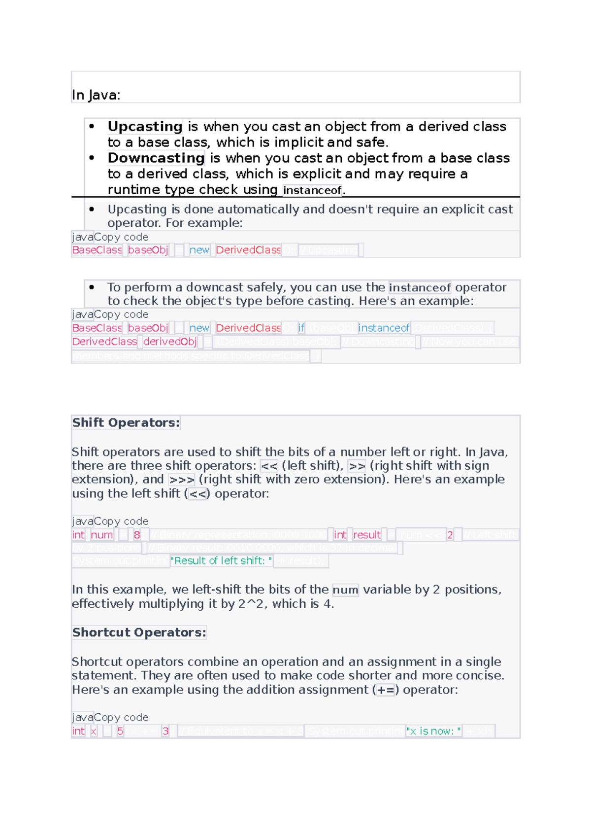 notes of java lan - In Java: Upcasting is when you cast an object from ...