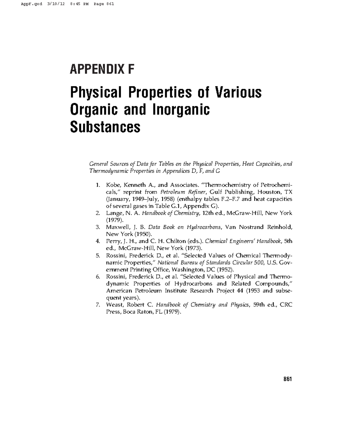 App F - 분자별 값 - APPENDIX F Physical Properties of Various Organic and ...