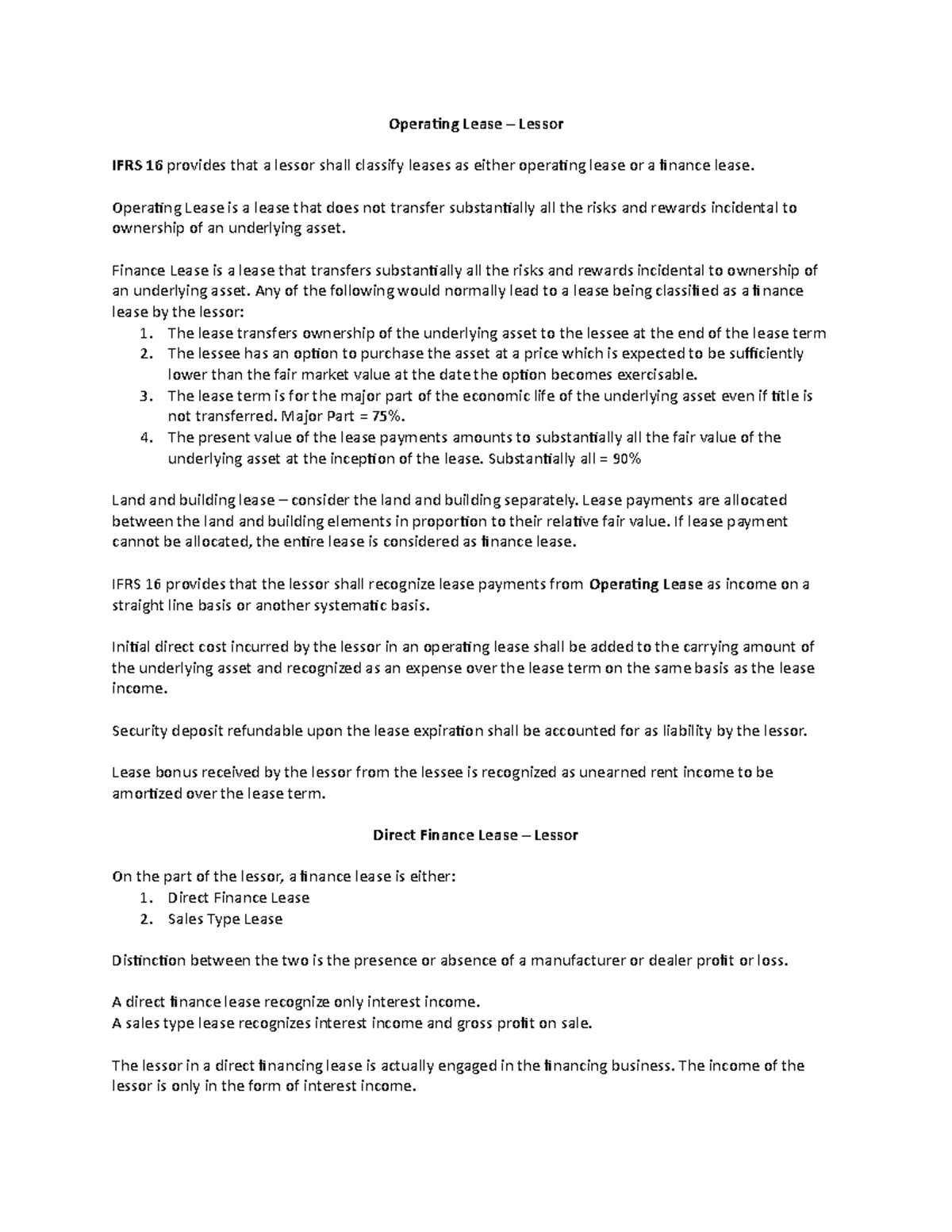 Operating and Finance Lease - Lessor. - Operating Lease – Lessor IFRS ...