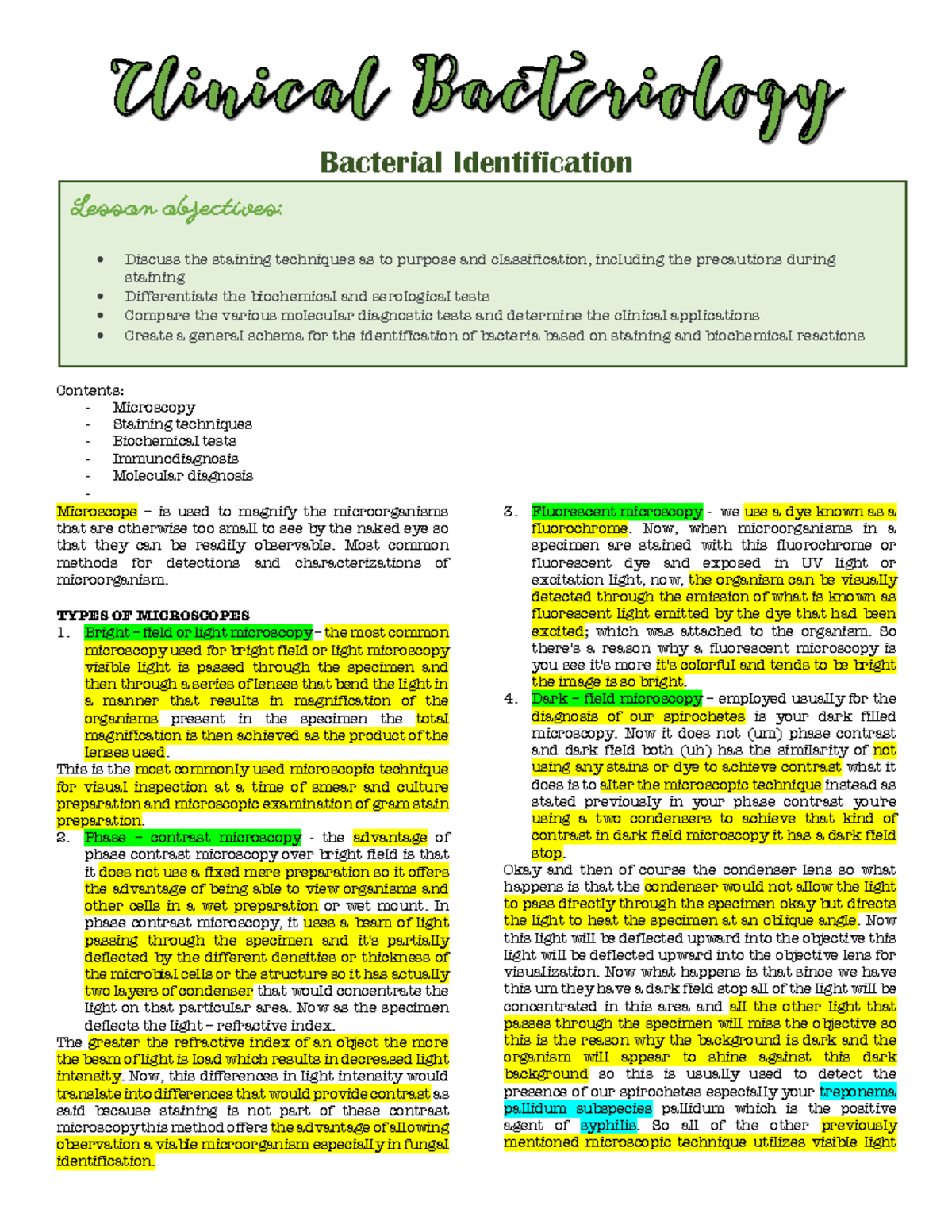 Bacte Lec Week3 - Bacterial Identification Contents: - Microscopy ...