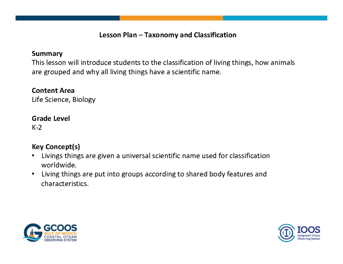 Taxonomy And Classification-Grades (CTTO) - Lesson Plan – Taxonomy and ...