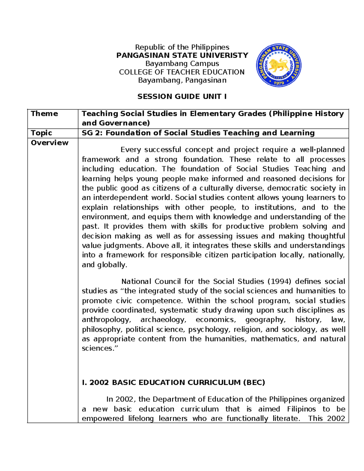 EGE-101-SG2 - Republic of the Philippines PANGASINAN STATE UNIVERISTY Bayambang Campus COLLEGE ...