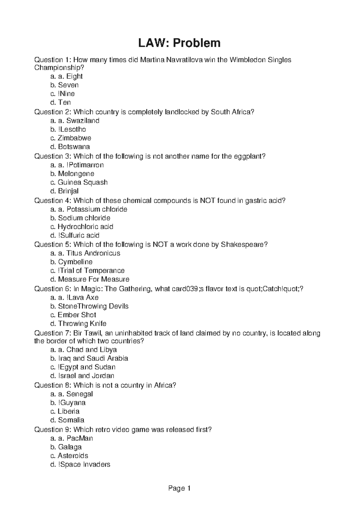 LAW285 Handout 2 - LAW: Problem Question 1: How many times did Martina ...