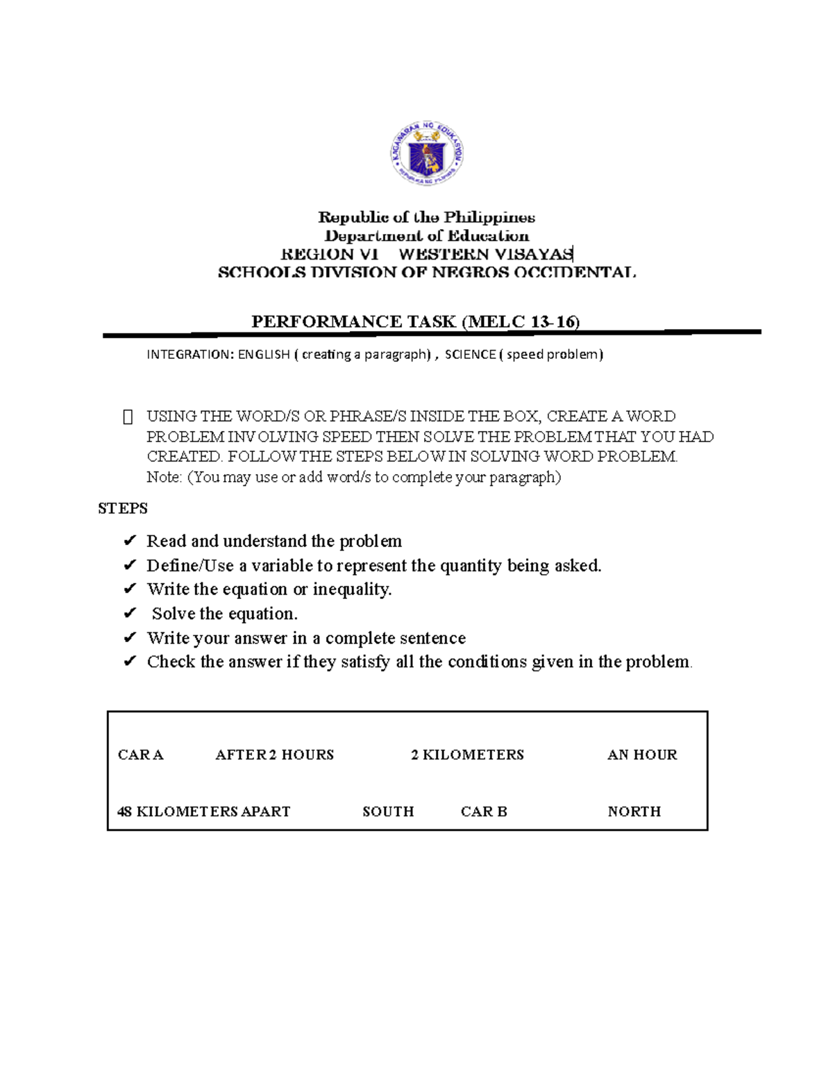 Performance Task with Rubrics Q2LAS13-16 - PERFORMANCE TASK (MELC 13-16 ...