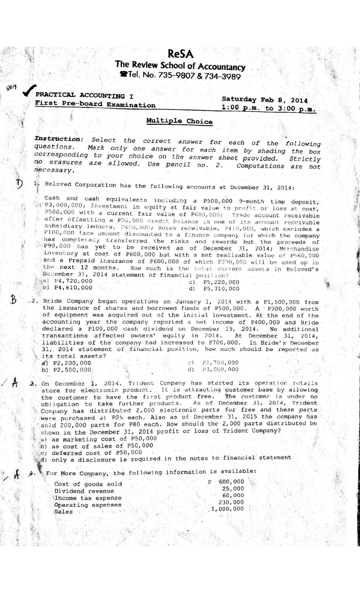 Resa P1 1st preboard Jul2014 - Basic Accounting - Studocu