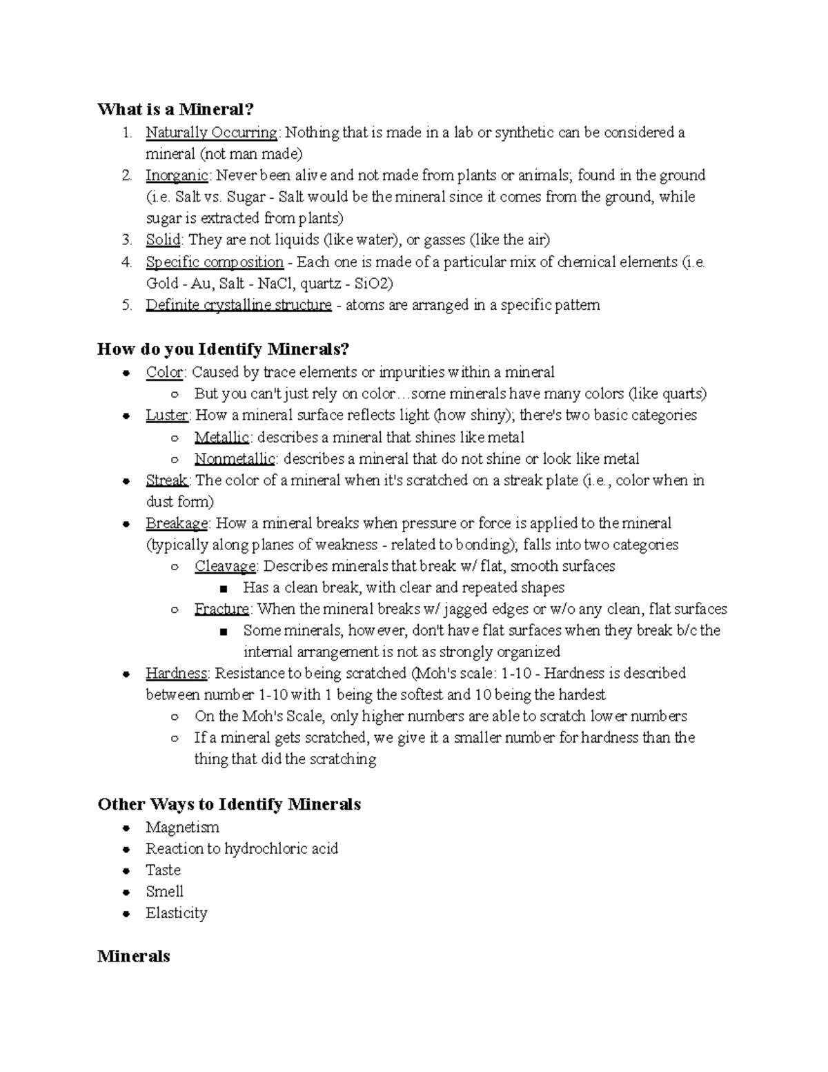 Lecture Chapter 3 Notes - What is a Mineral? 1. Naturally Occurring ...