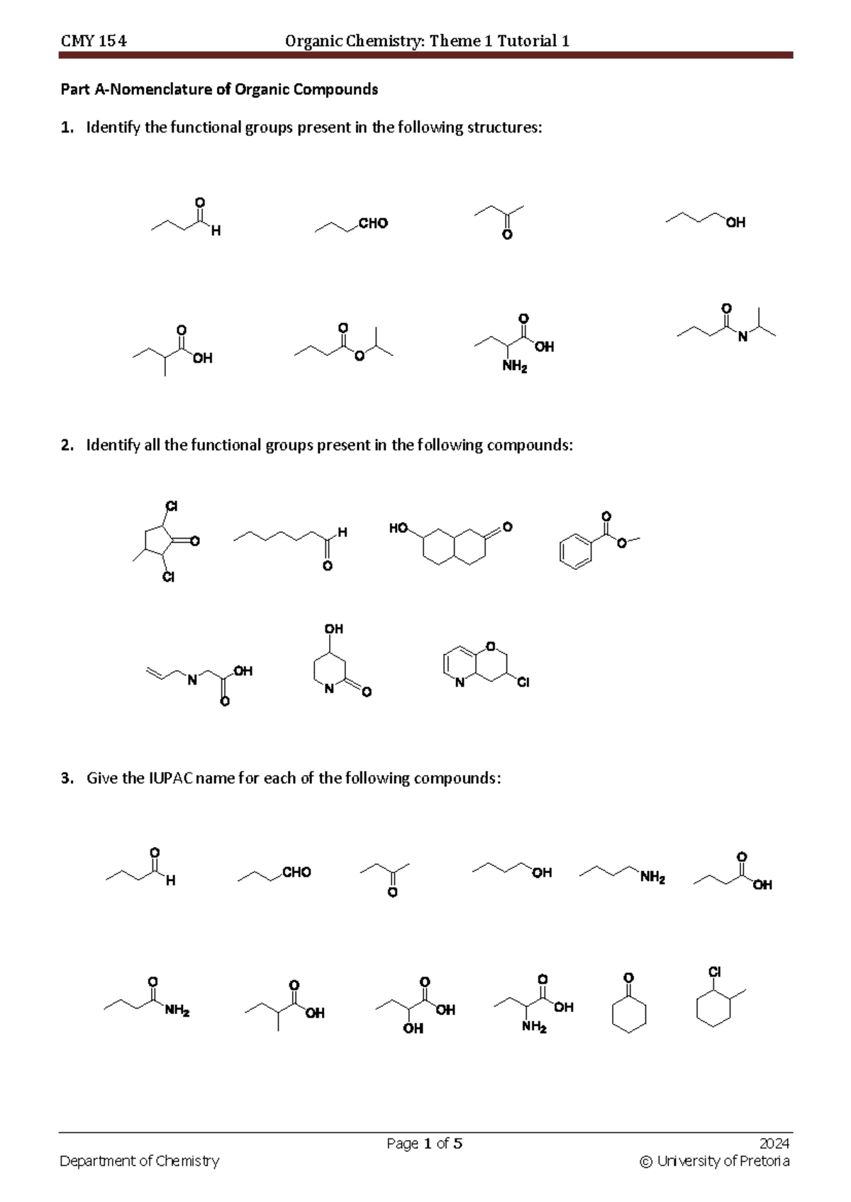 2024 CMY 154 Organic Chemistry Tutorial 1 - Page 1 of 5 2024 Part A ...