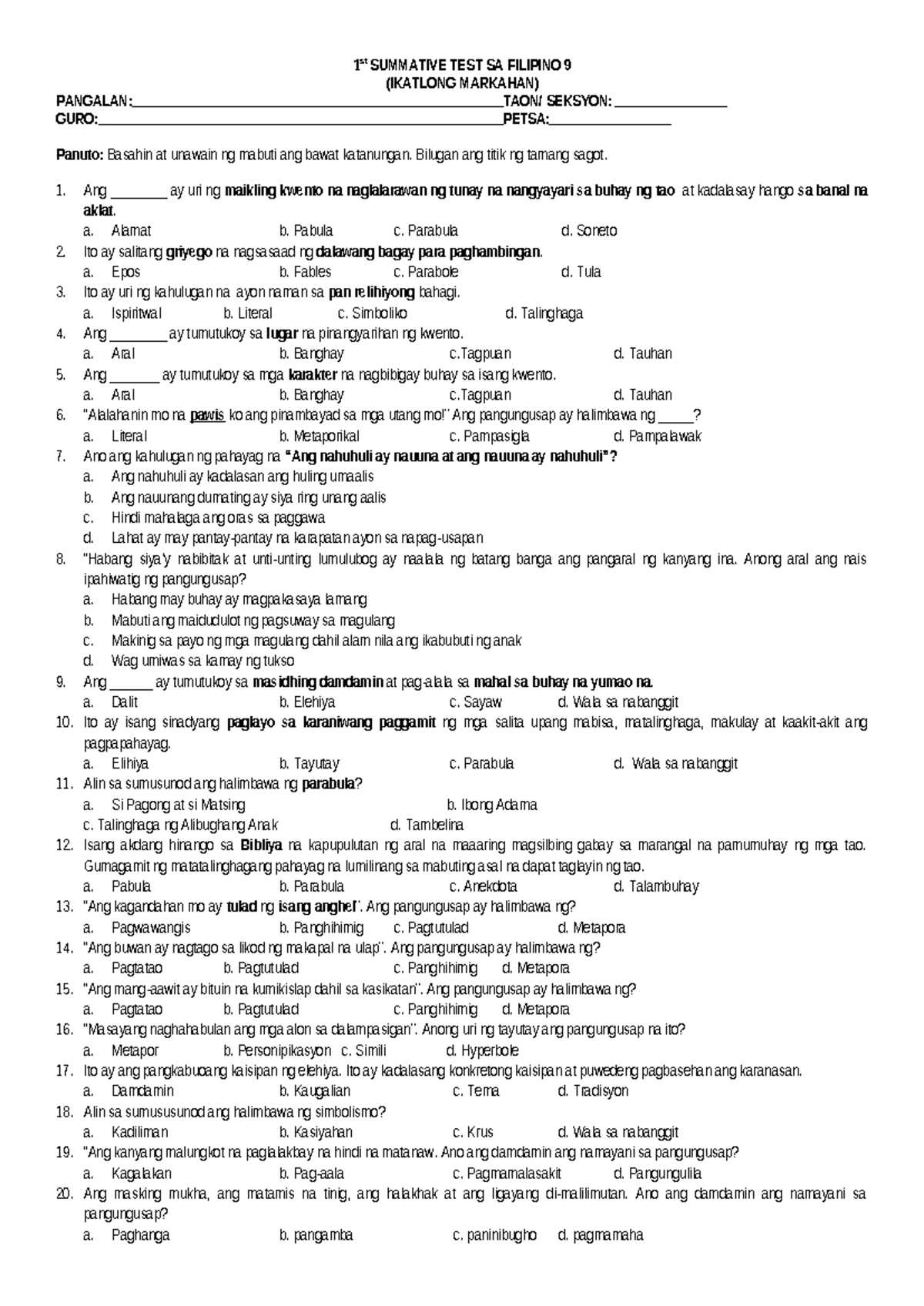 1st Summative TEST SA Filipino 9 - 1 st SUMMATIVE TEST SA FILIPINO 9 ...