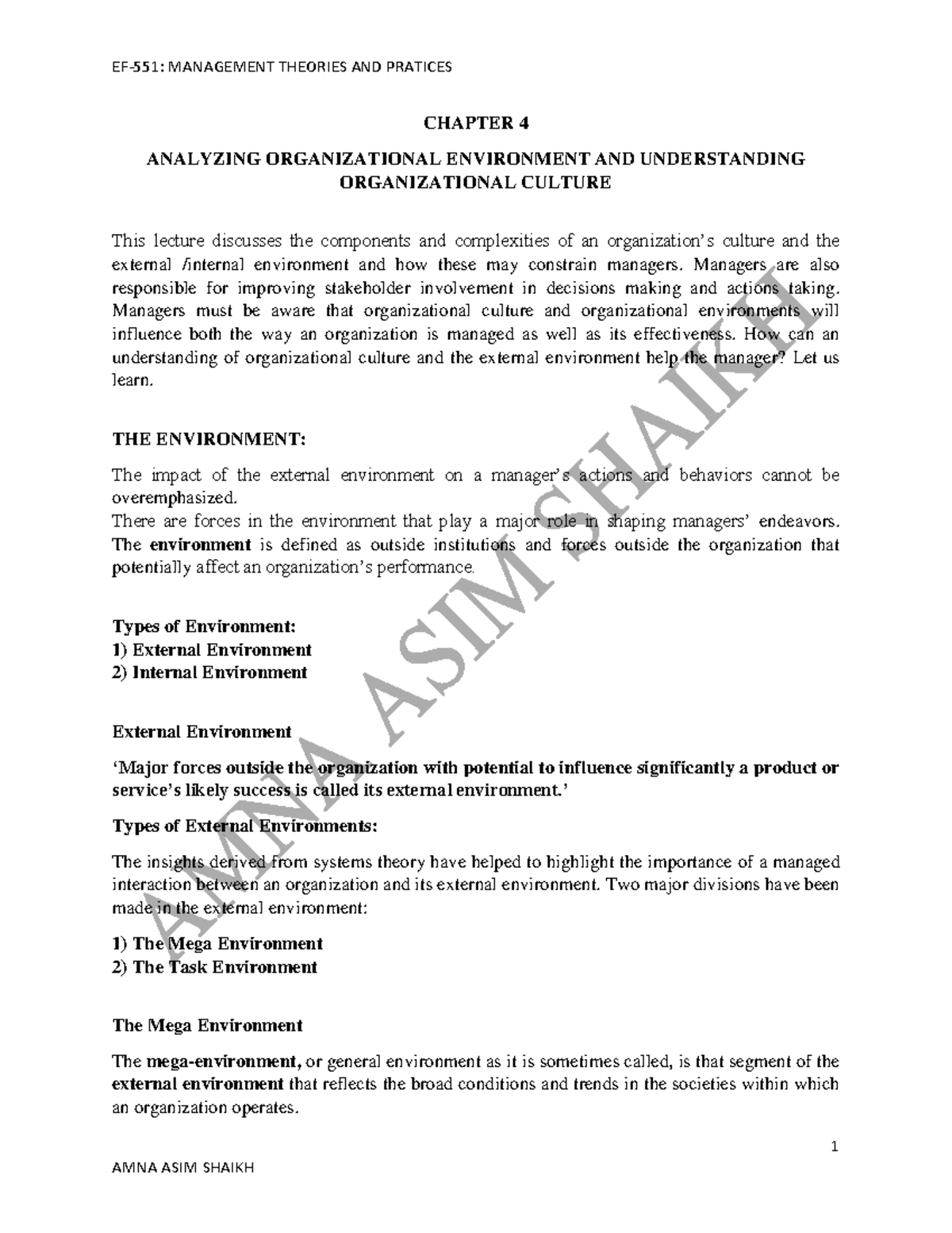 Chapter # 4 - 1 CHAPTER 4 ANALYZING ORGANIZATIONAL ENVIRONMENT AND ...