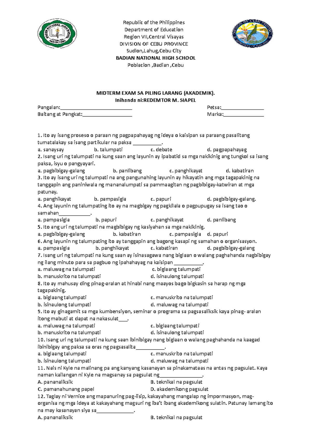 Midterm exam - caca - Republic of the Philippines Department of ...