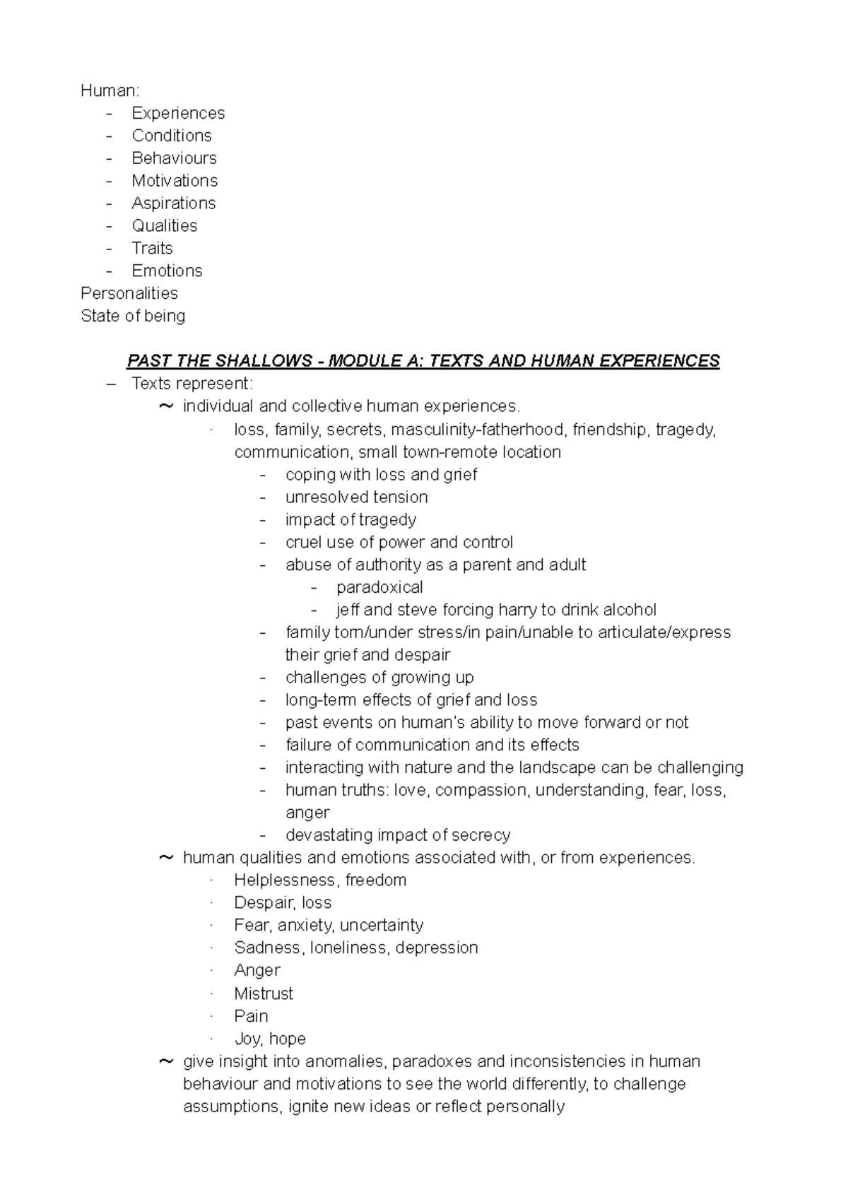 12EALD Past the Shallows Notes - Human: - Experiences - Conditions ...