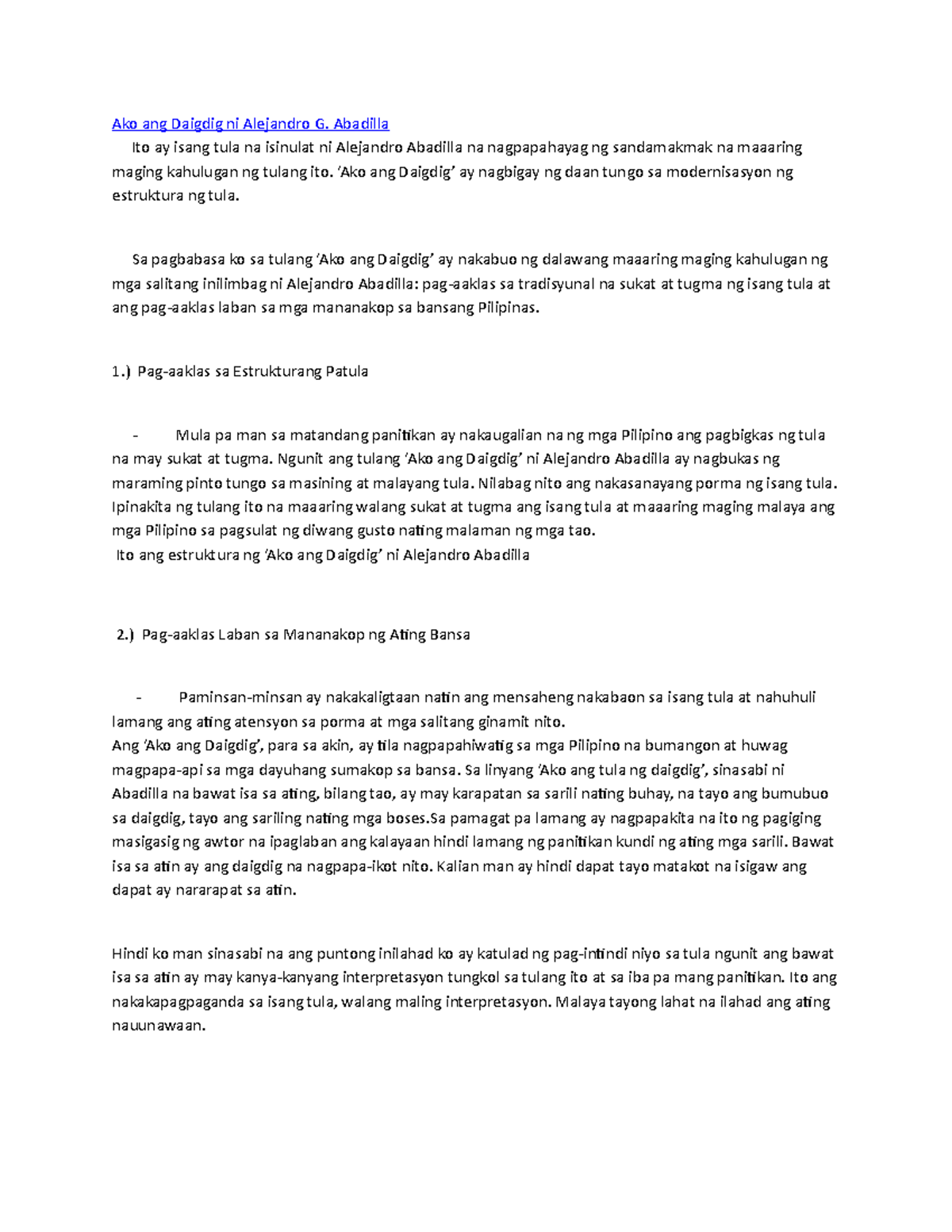 Ako ang Daigdig ni Alejandro G - Abadilla Ito ay isang tula na isinulat ...