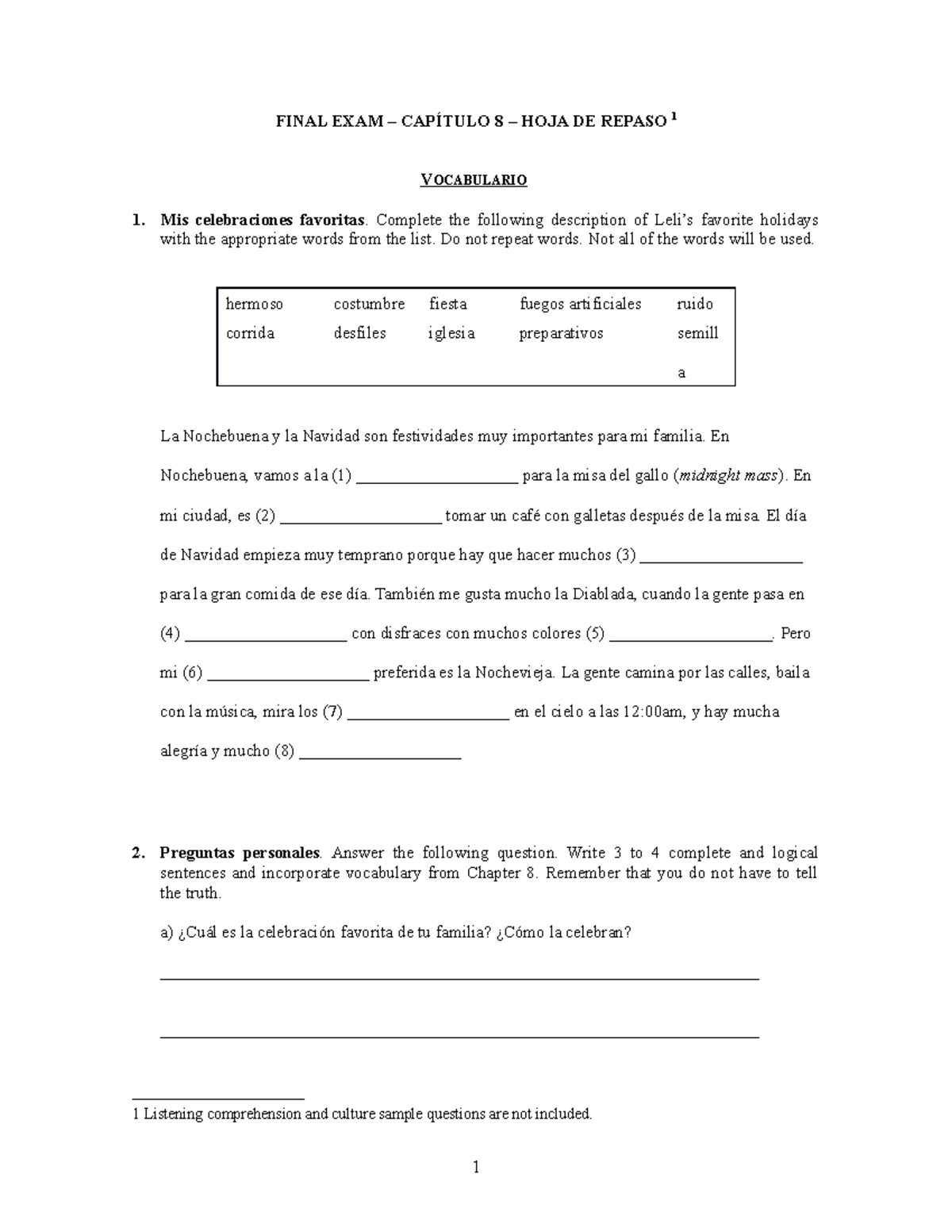8.7c - Review Sheet Final Exam - FINAL EXAM – CAPÍTULO 8 – HOJA DE ...
