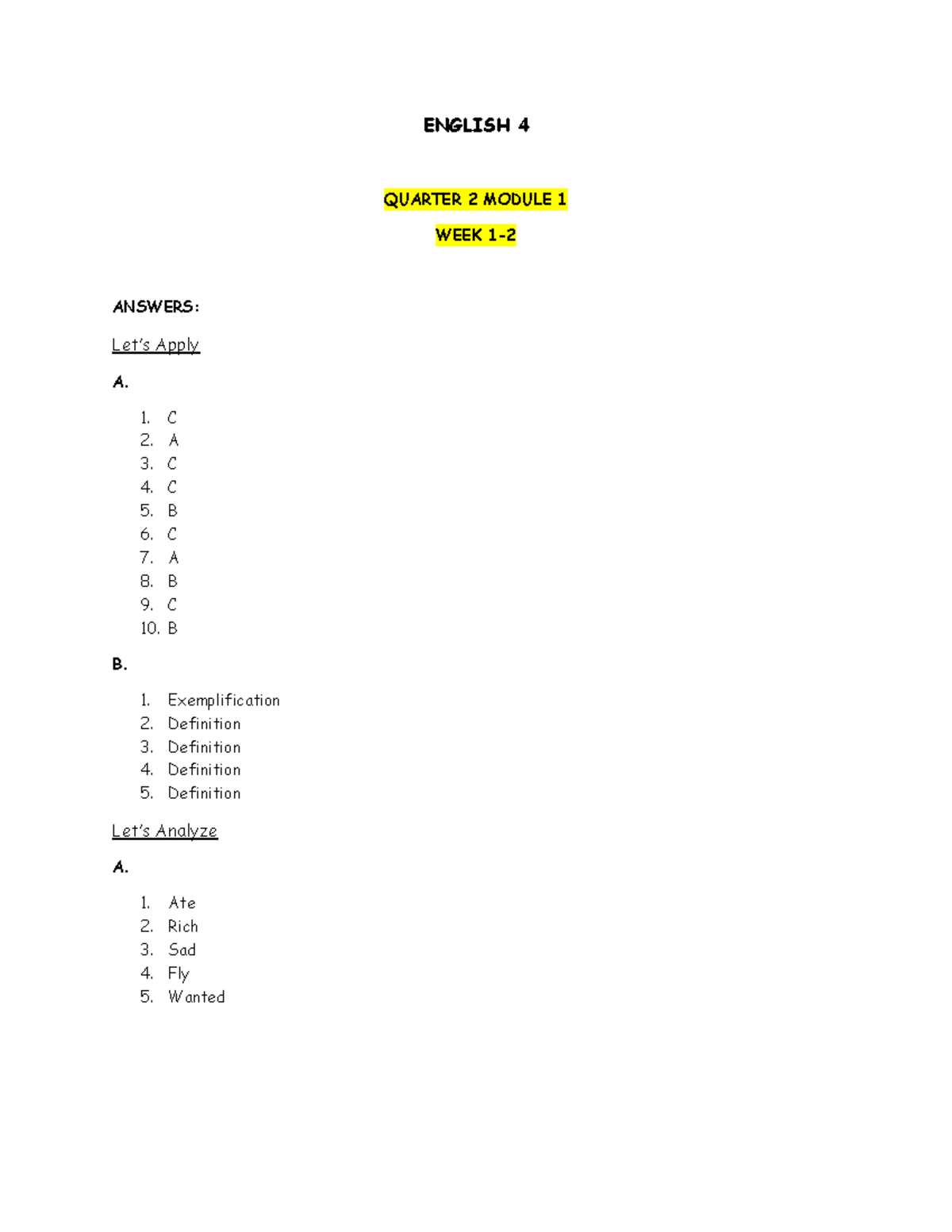 English 4 - ENGLISH 4 QUARTER 2 MODULE 1 WEEK 1- ANSWERS: Let’s Apply A ...