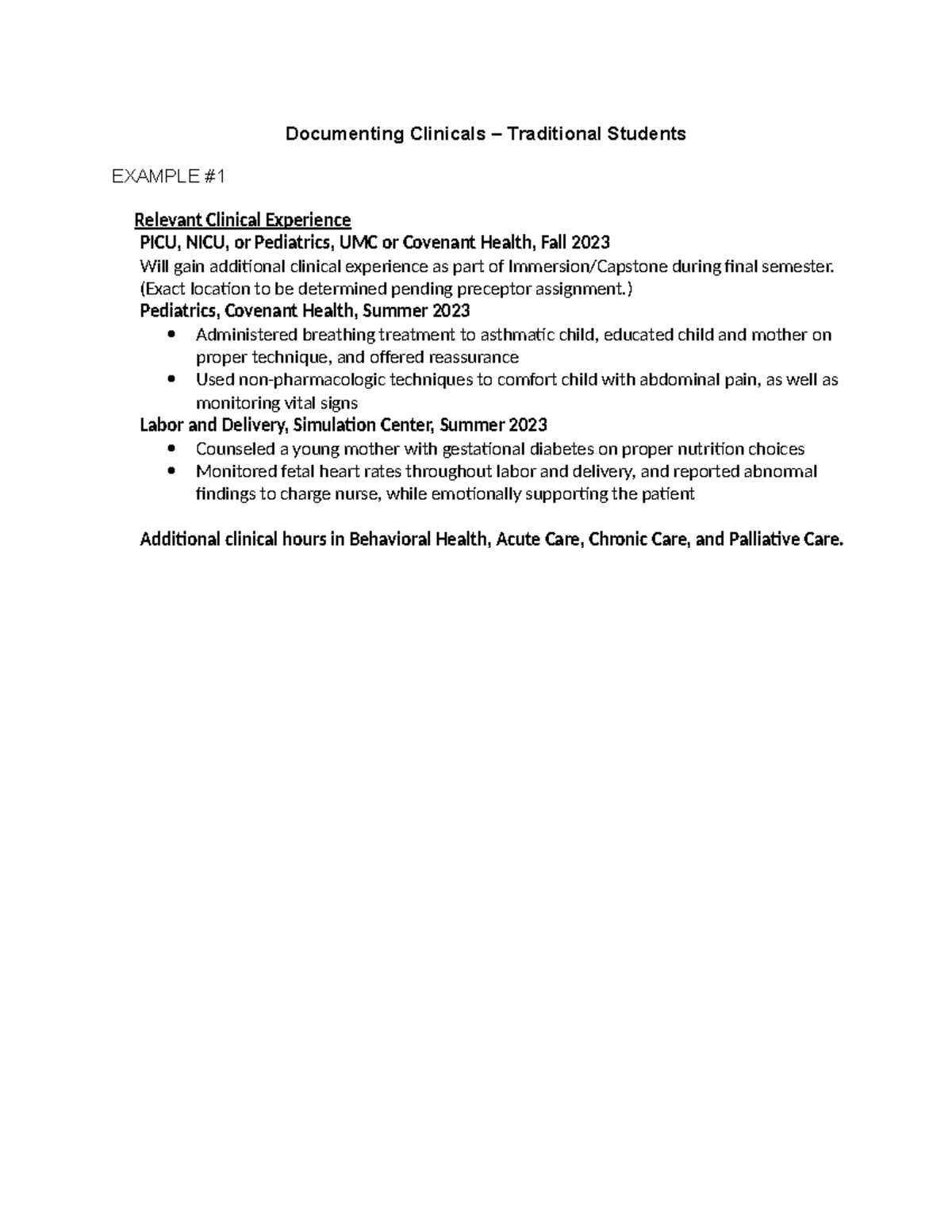 Clinical Example for Traditional - Documenting Clinicals – Traditional ...