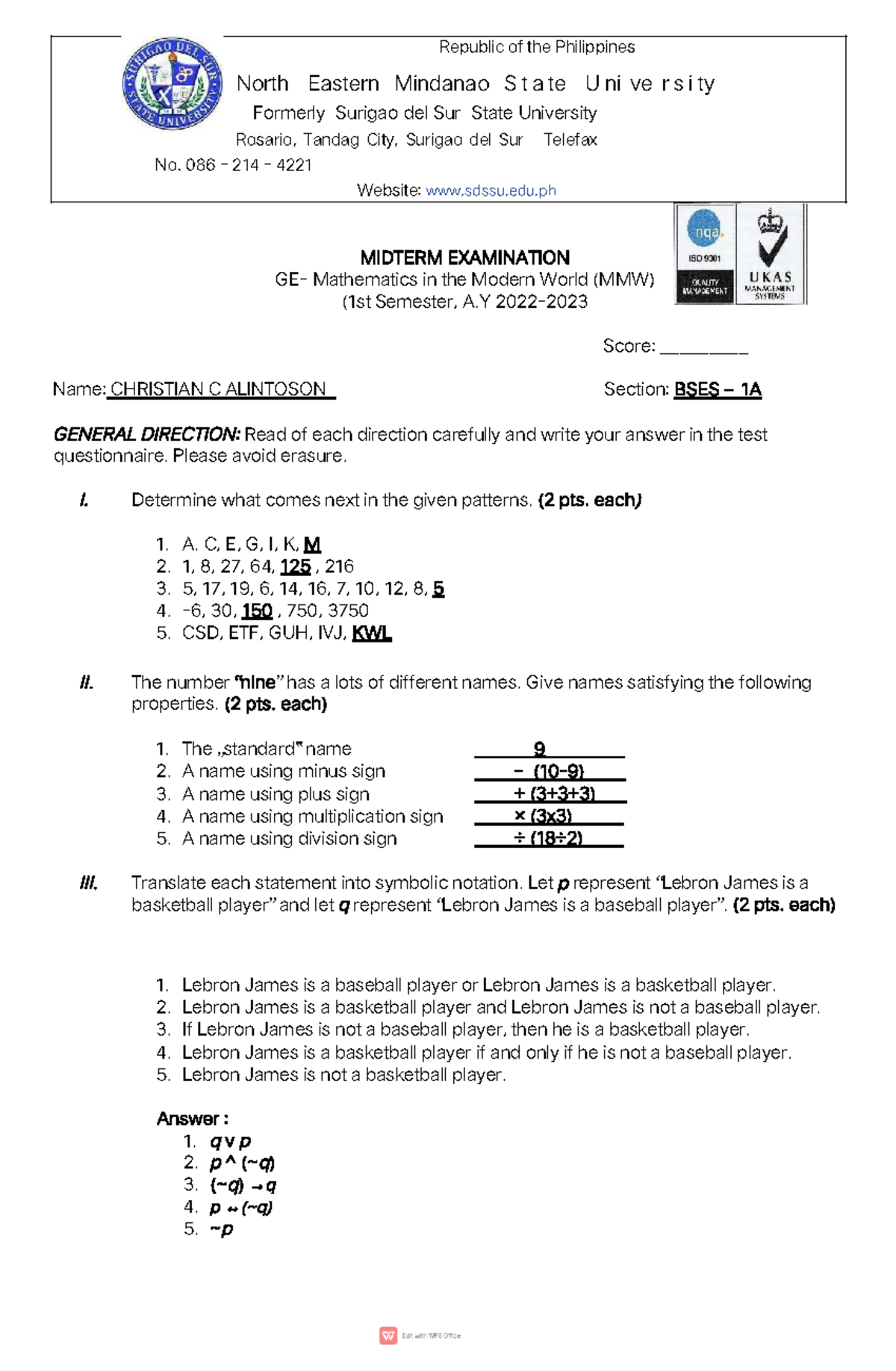 GE-MMW Misterm Examination - MIDTERM EXAMINATION GE- Mathematics in the ...