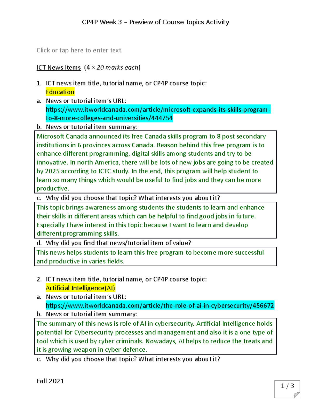 CP4P Week3 Activity - CP4P Week 3 – Preview of Course Topics Activity Click or tap here to enter ...