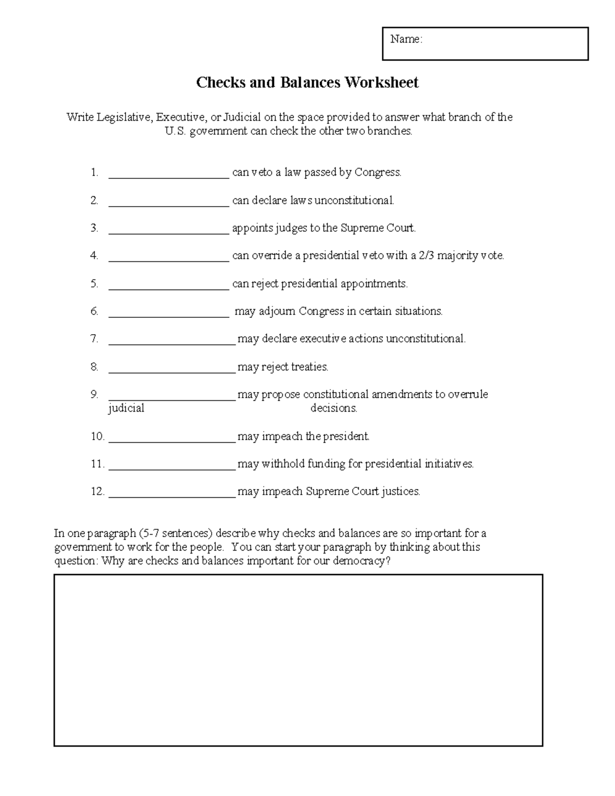 Checks and balances worksheet - Checks and Balances Worksheet Write ...