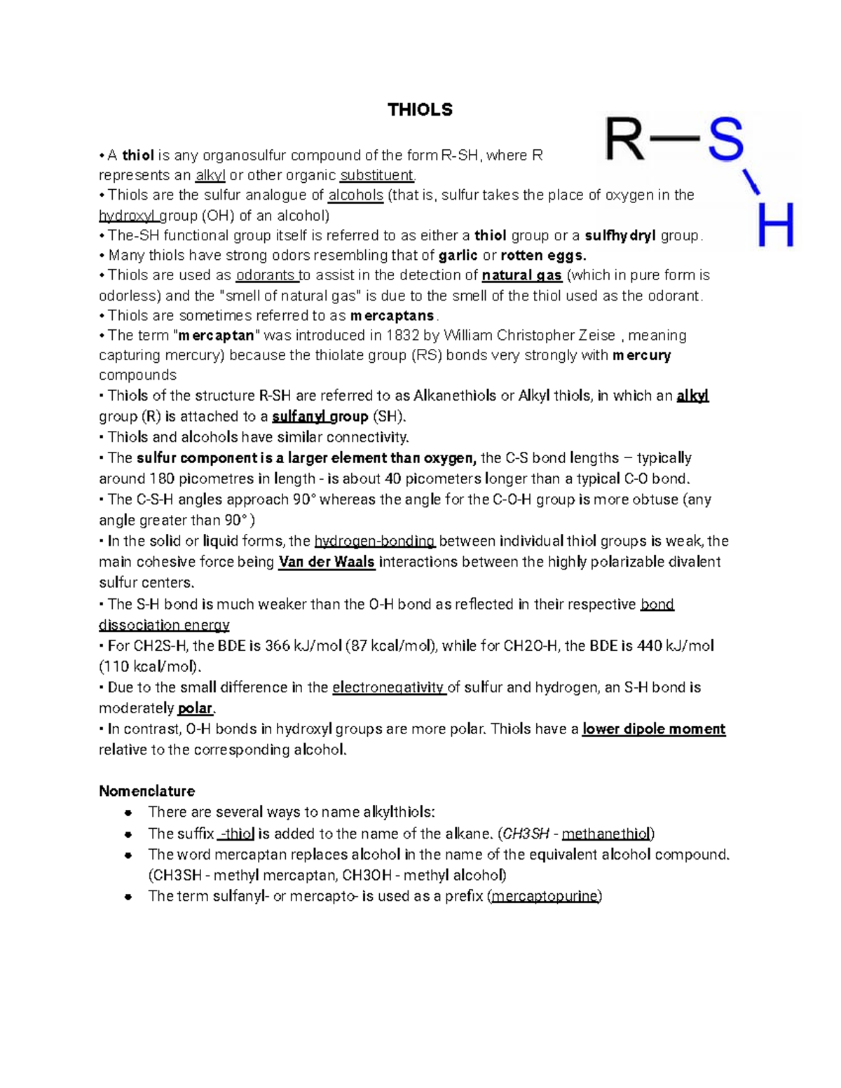 Org Chem Lab Thiols - THIOLS A thiol is any organosulfur compound of ...