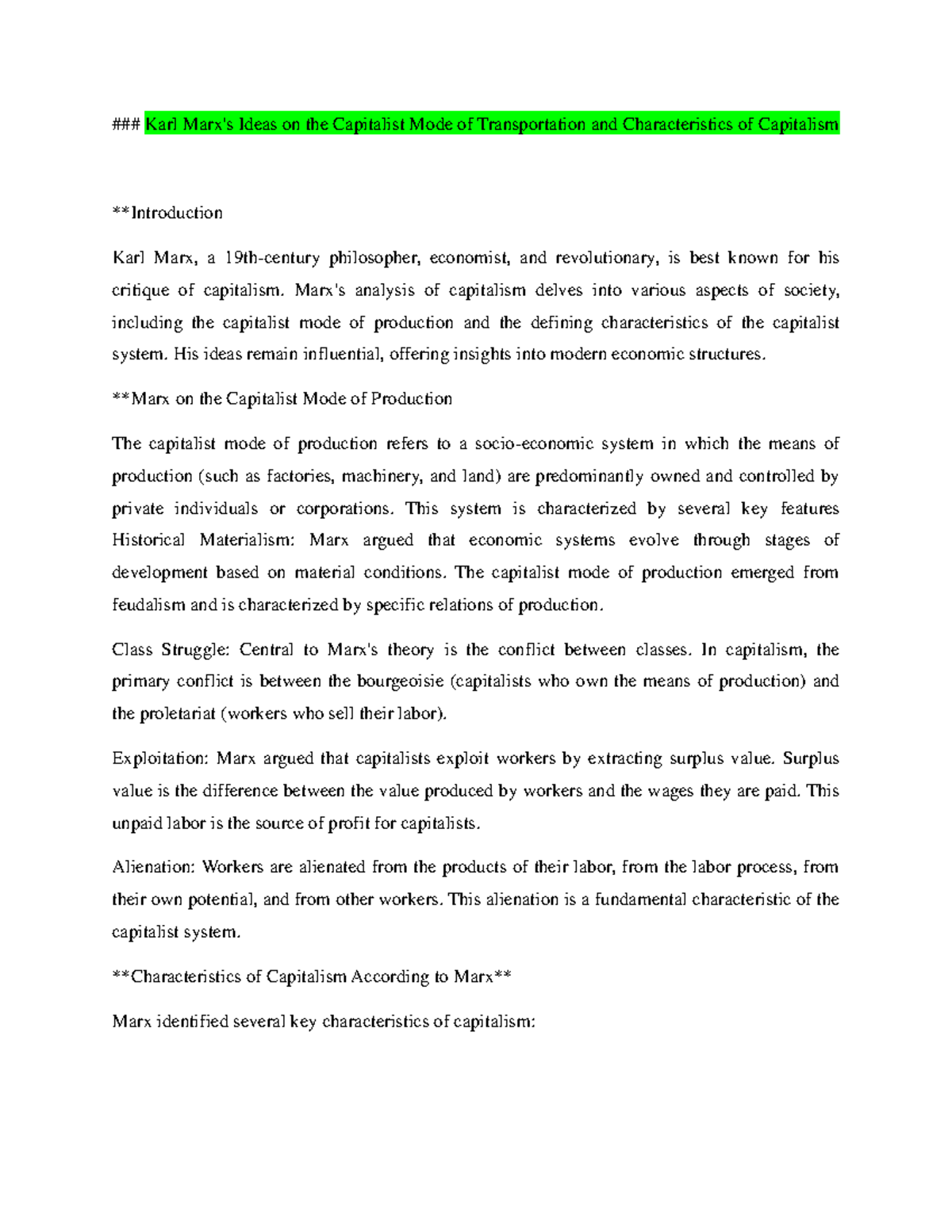 SOCY201 EXAM Notes pdf - Karl Marx's Ideas on the Capitalist Mode of ...