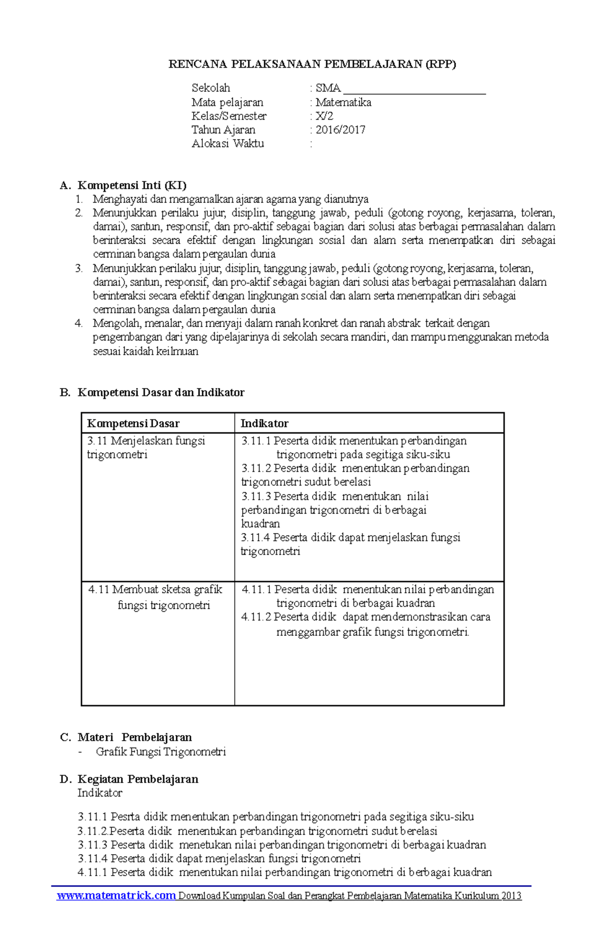 RPP 11 - Grafik Fungsi Trigonometri - RENCANA PELAKSANAAN PEMBELAJARAN (RPP) Sekolah : SMA - Studocu