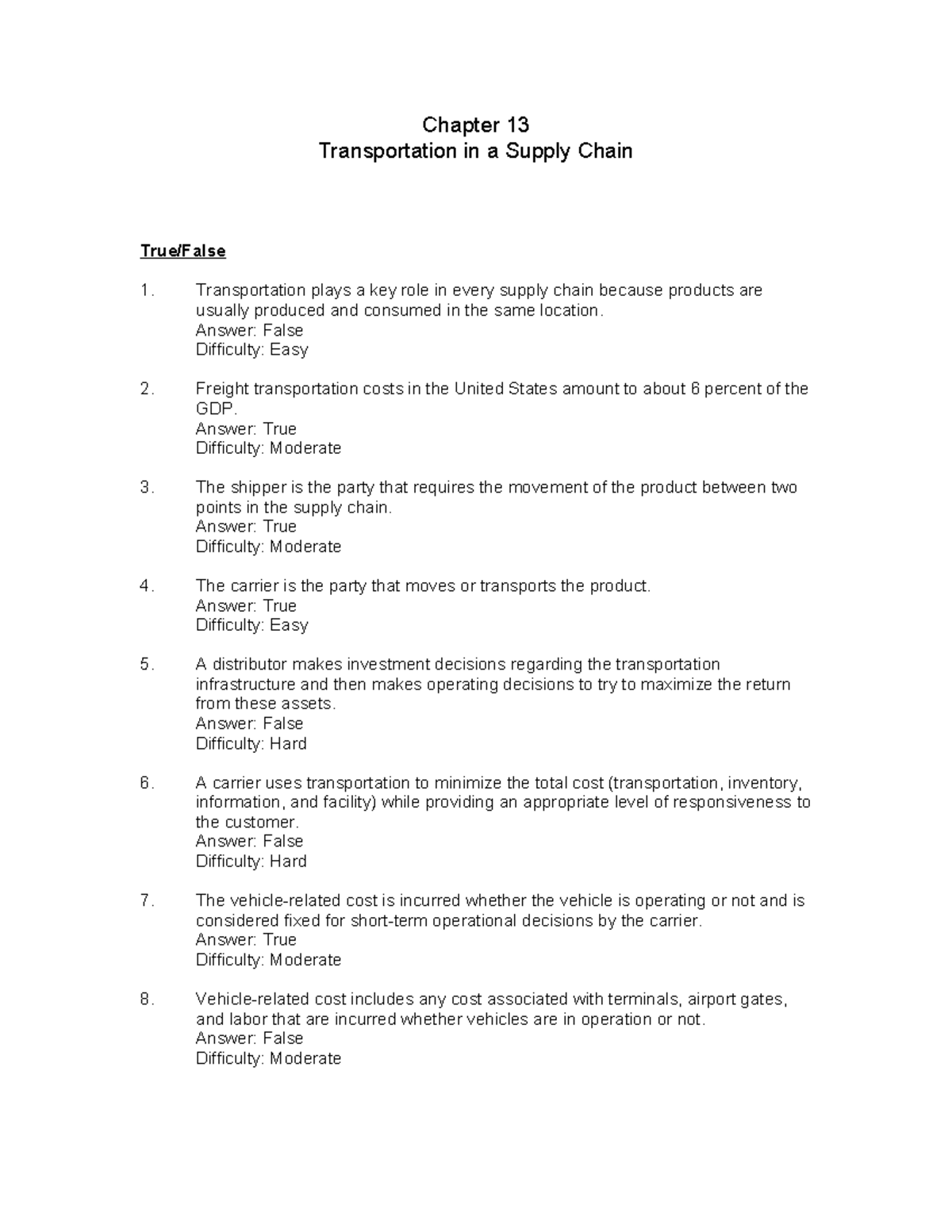Supply chain ch13 test bank - Chapter 13 Transportation in a Supply ...