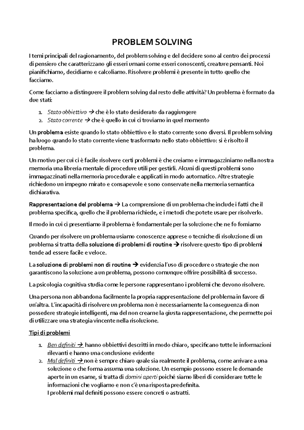 Problem Solving cap 11 - psicologia generale 2 - PROBLEM SOLVING I temi principali del ...