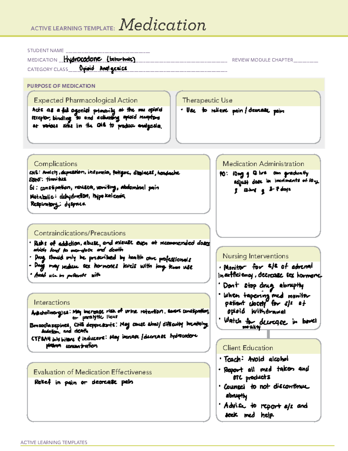 Hydrocodone (bitartrate) - ACTIVE LEARNING TEMPLATES Medication STUDENT ...