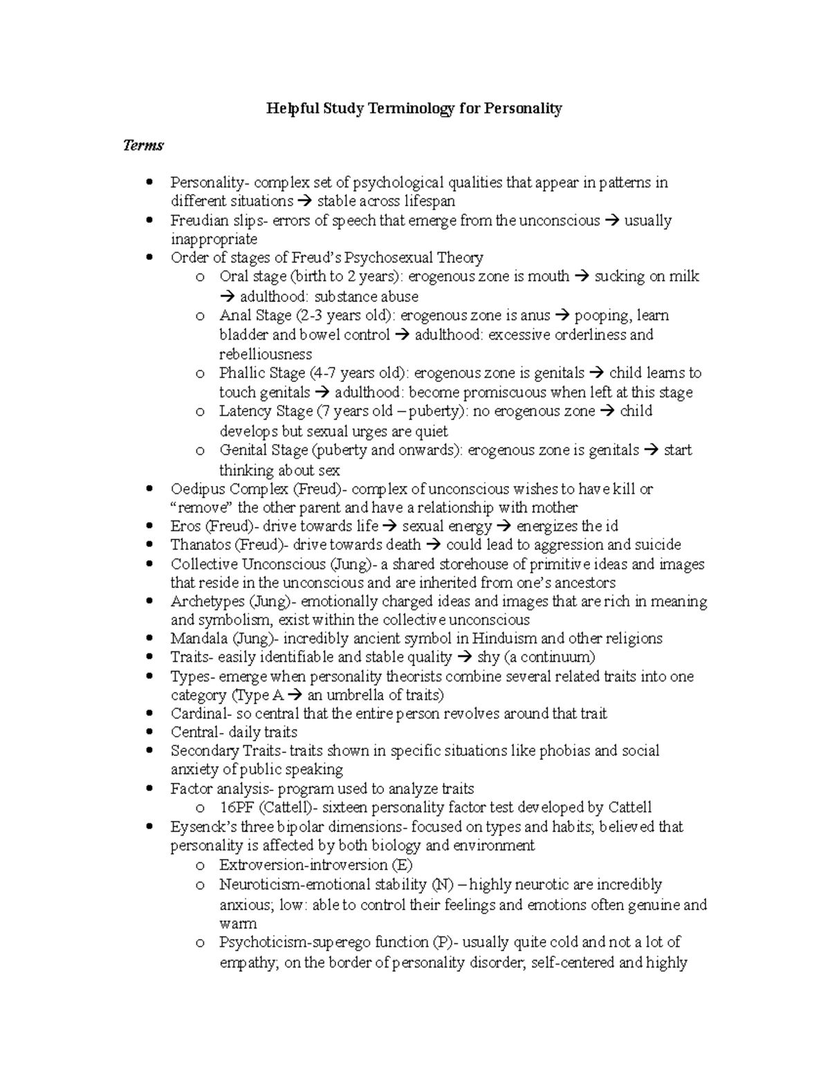 Personality Study Guide - Helpful Study Terminology for Personality ...
