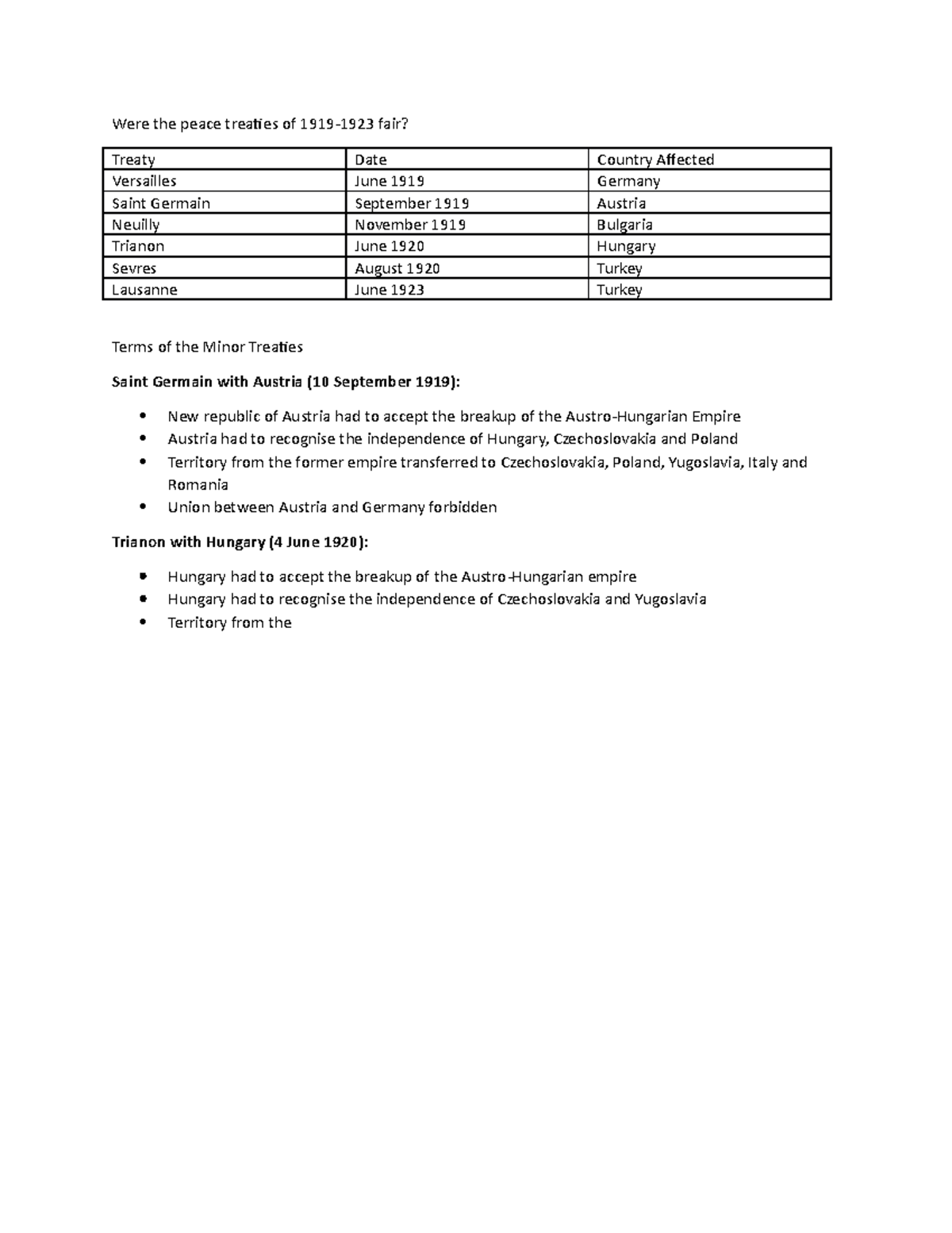 Revision notes for Peace Treaties 1919-1923 - Were the peace treaties ...