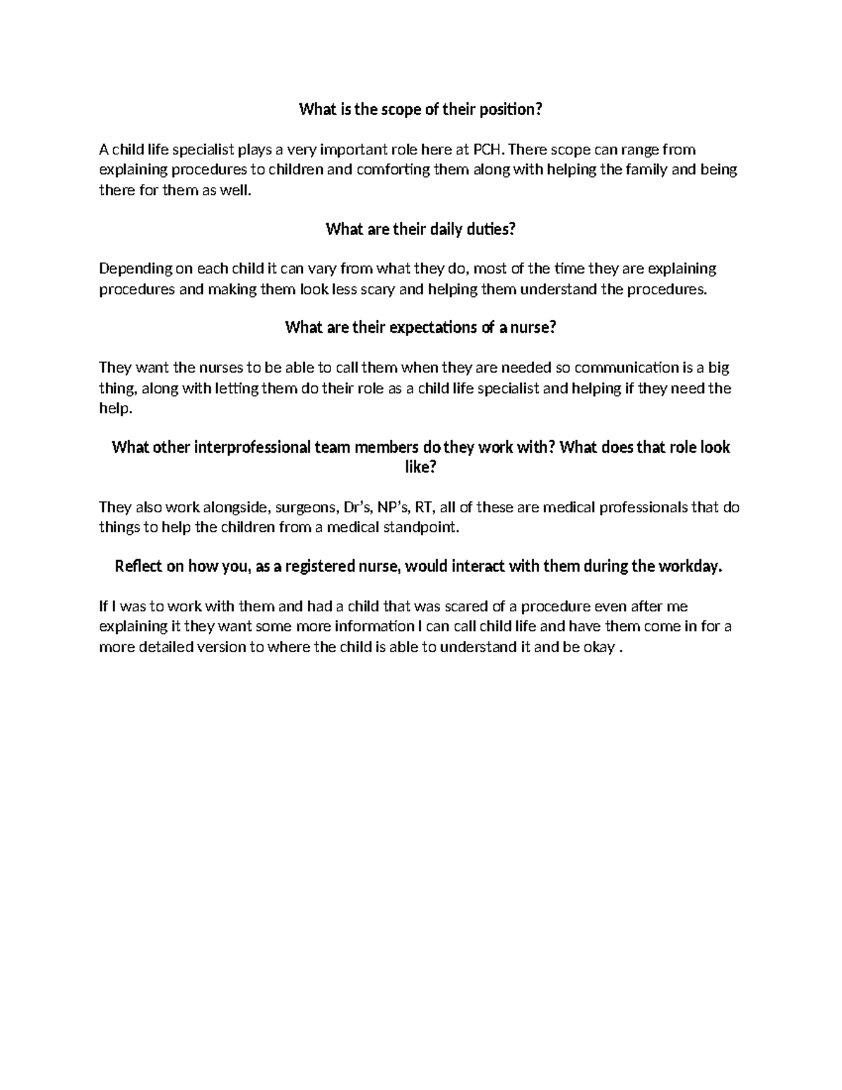 Child life interview - classwork - What is the scope of their position ...