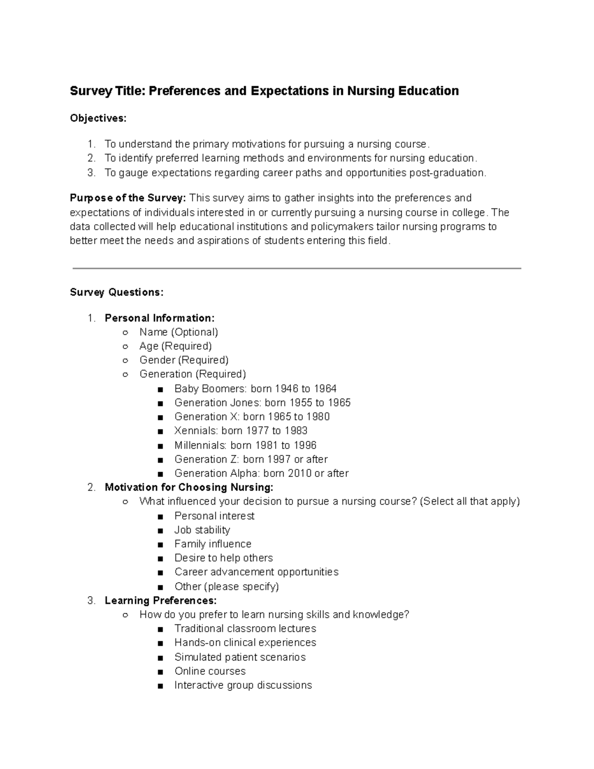 Survey Title Preferences and Expectations in Nursing Education - Survey ...