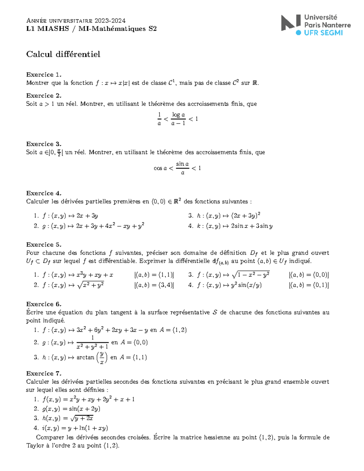 TD3 - Calcul différentiel - Ann ́ee universitaire 2023- L1 MIASHS / MI-Math ́ematiques S Calcul ...