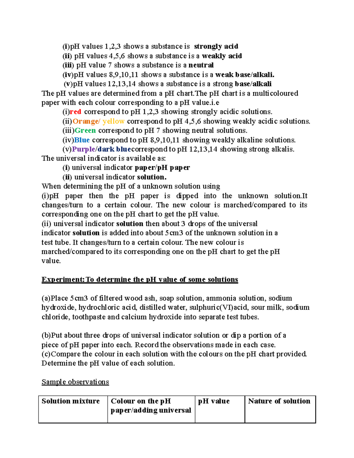 Notes of 10 grade Chemistry Class (13) - (i)pH values 1,2,3 shows a ...
