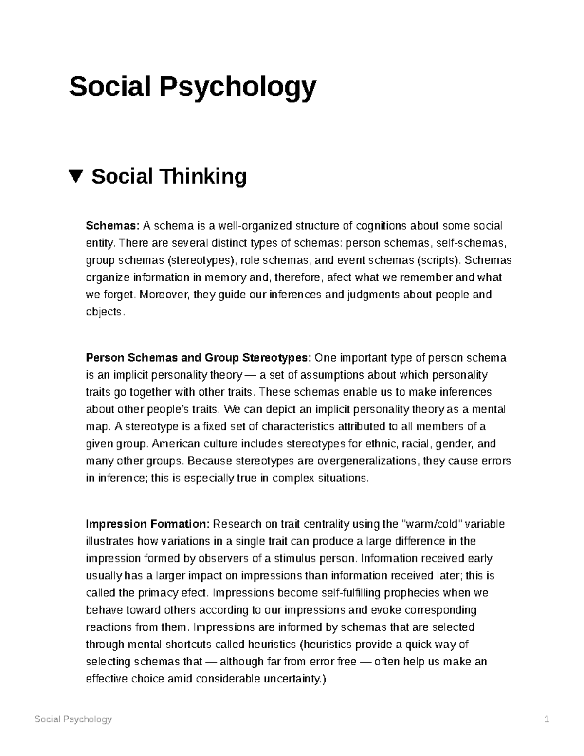 Social Psychology Notes - Social Psychology Social Thinking Schemas: A ...
