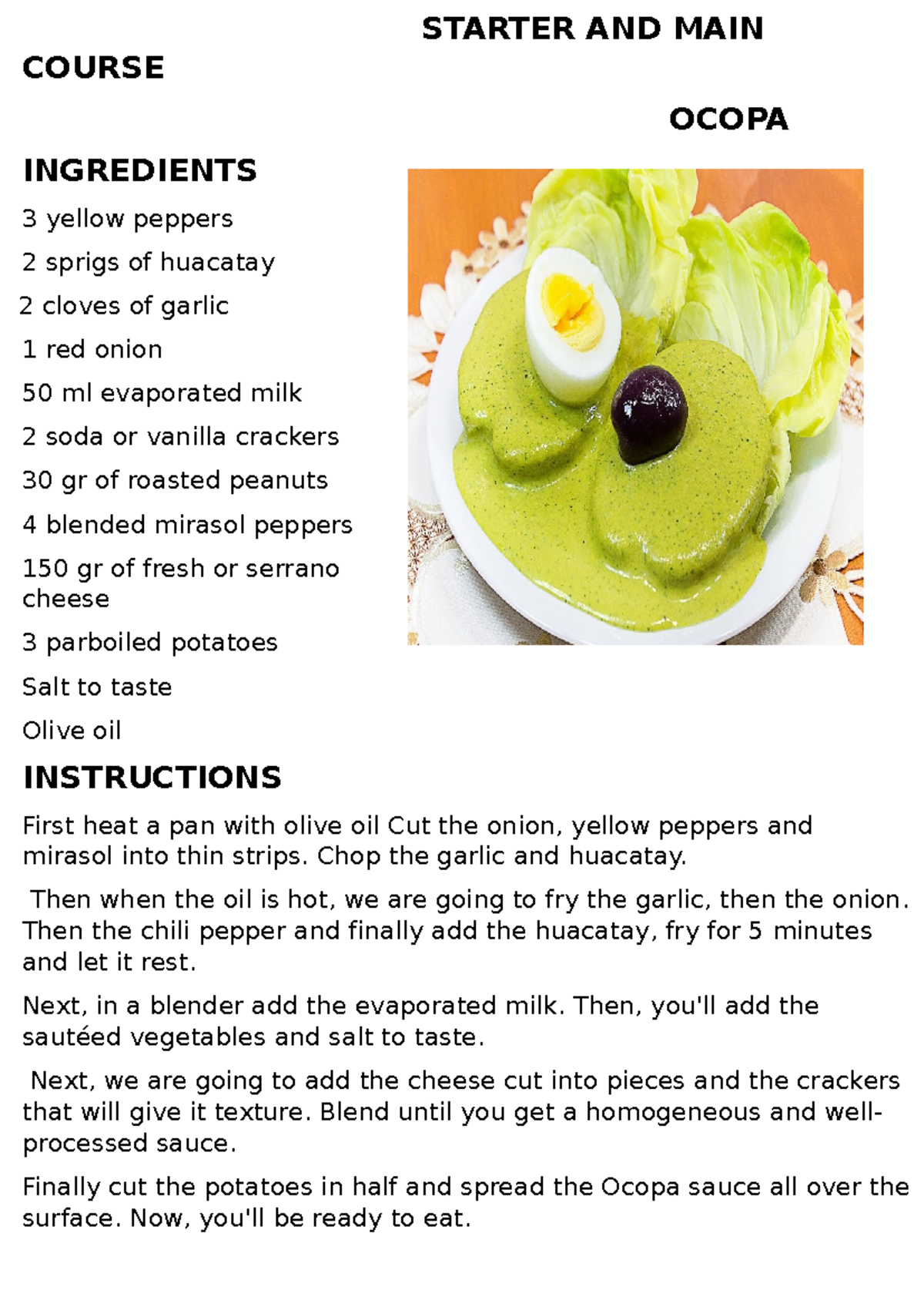 Starter AND MAIN Course - STARTER AND MAIN COURSE OCOPA INGREDIENTS 3 ...