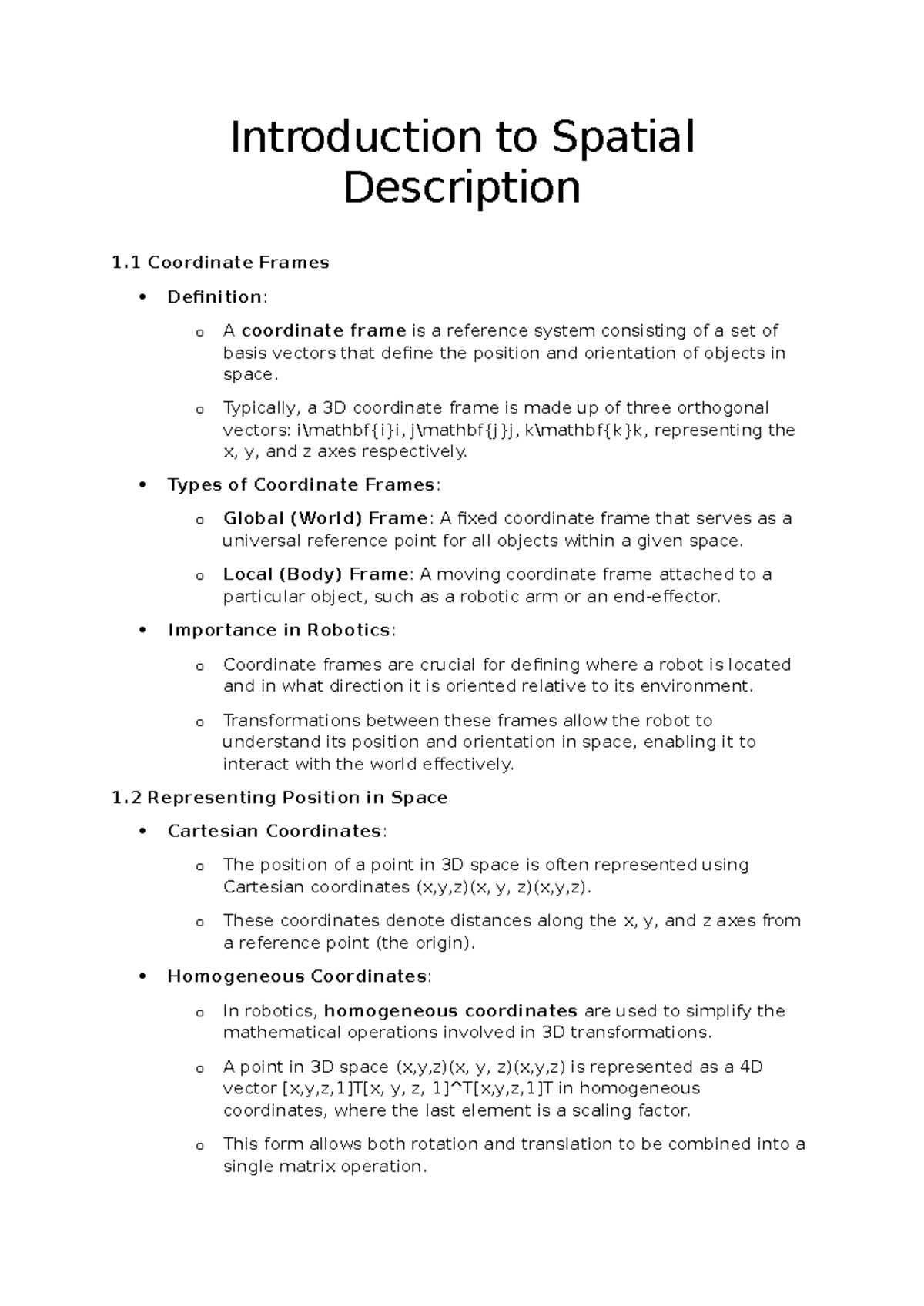 Introduction to Spatial Description - Introduction to Spatial Description 1 Coordinate Frames ...