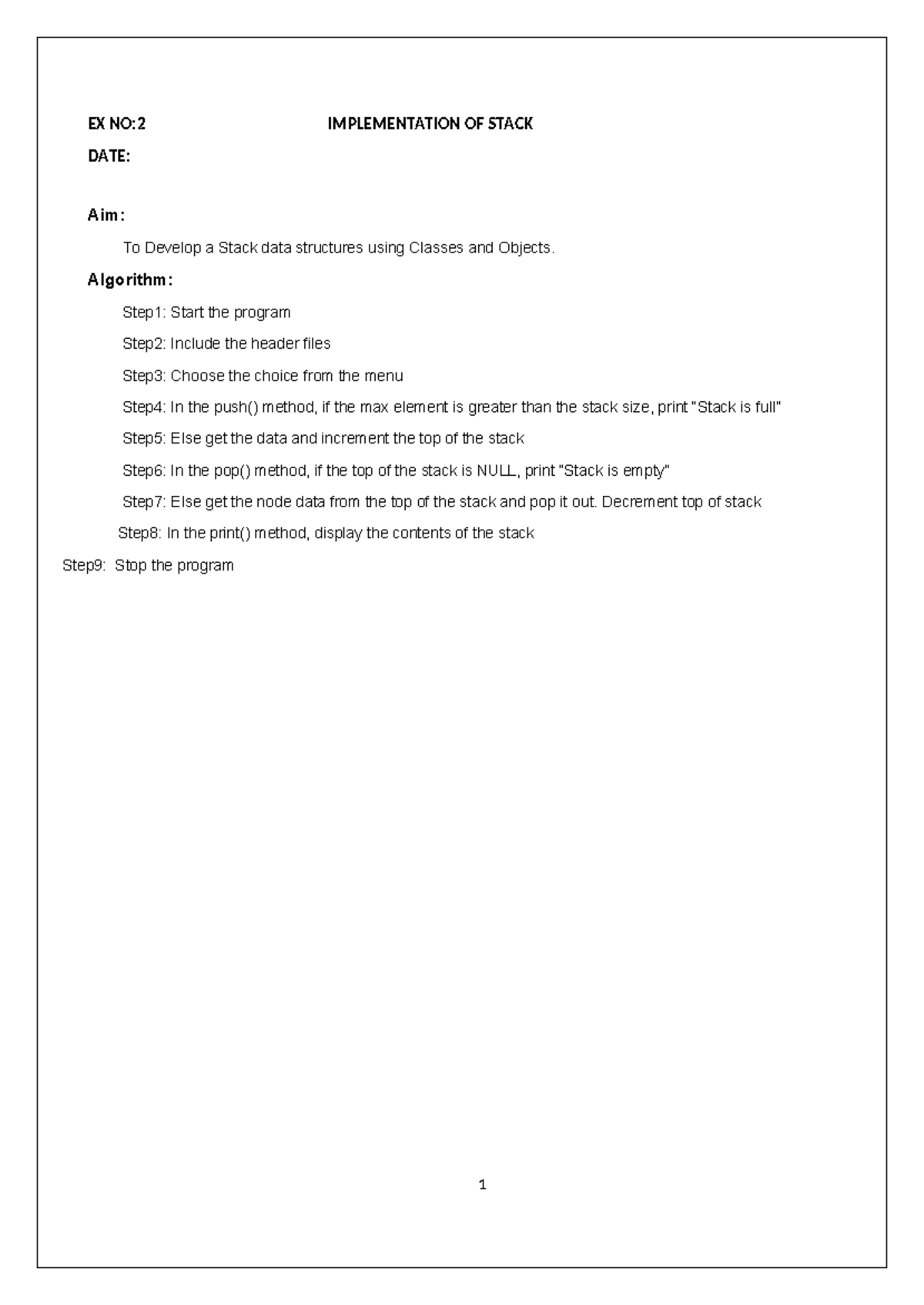 Oops pgm 2,3&4 - lab programs - EX NO:2 IMPLEMENTATION OF STACK DATE: Aim: To Develop a Stack ...