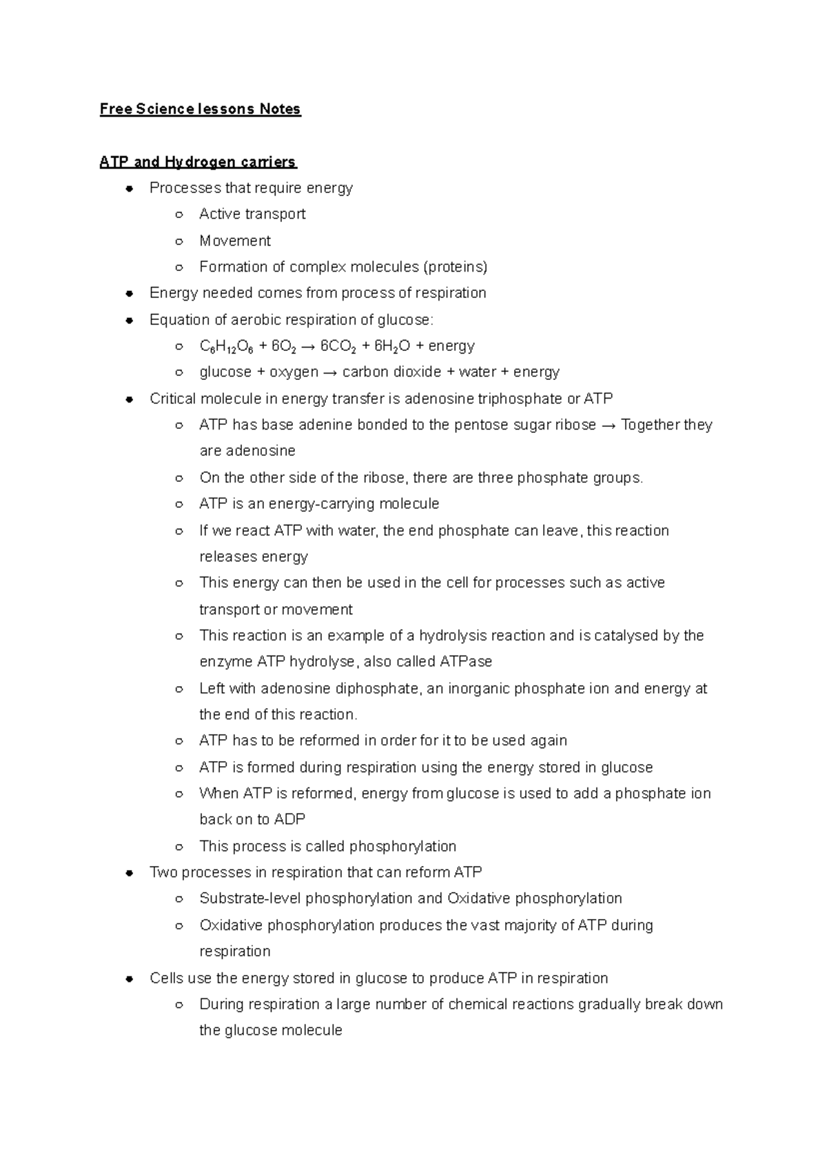 Freesciencelessons notes - Free Science lessons Notes ATP and Hydrogen ...
