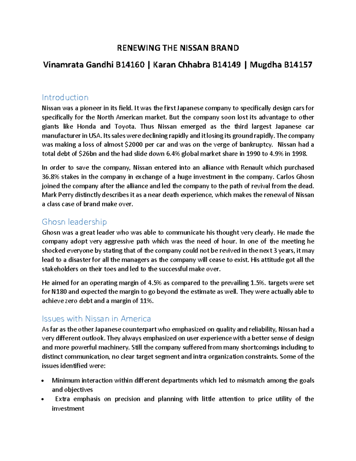 Nissan Case Analysis - RENEWING THE NISSAN BRAND Vinamrata Gandhi ...
