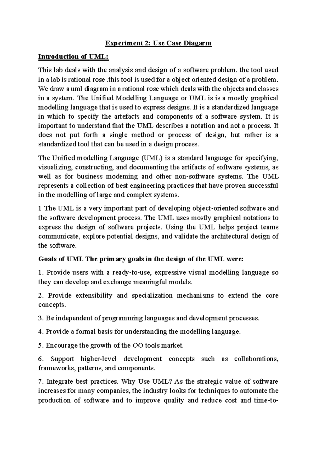 Se Lab Practicals Experiment 2 Use Case Diagarm Introduction Of Uml This Lab Deals With The