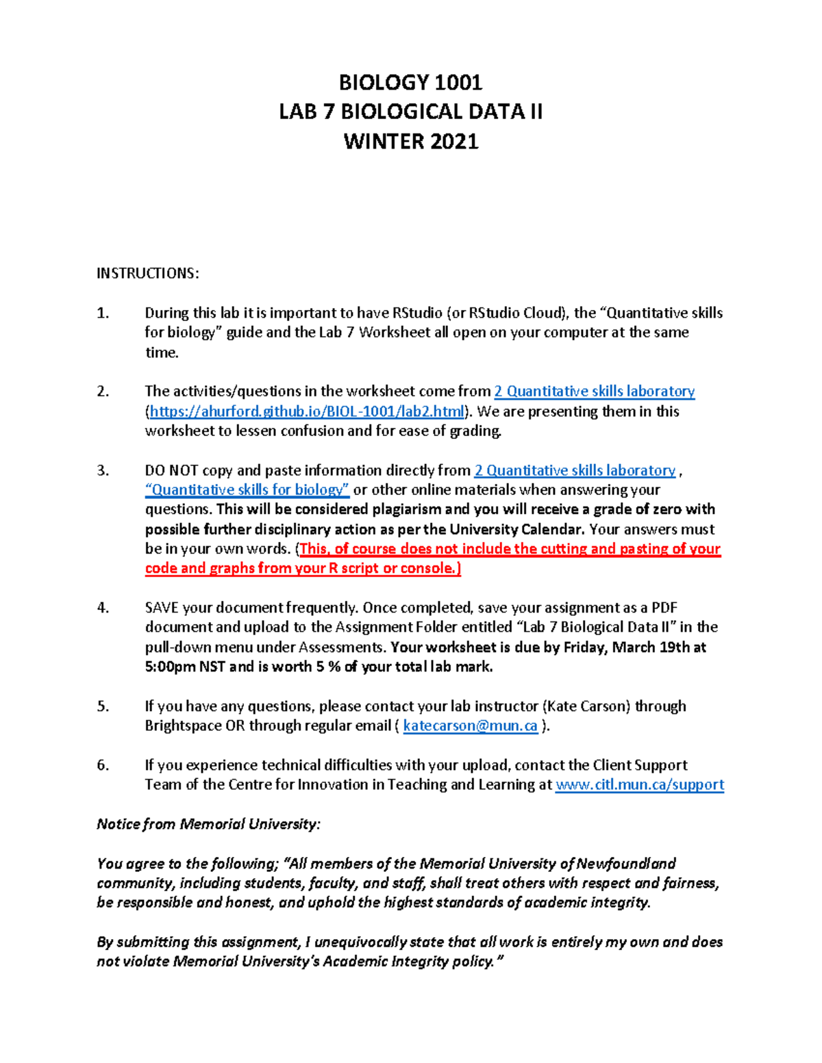 Lab 7 Worksheet Compleated - BIOLOGY 1001 LAB 7 BIOLOGICAL DATA II ...