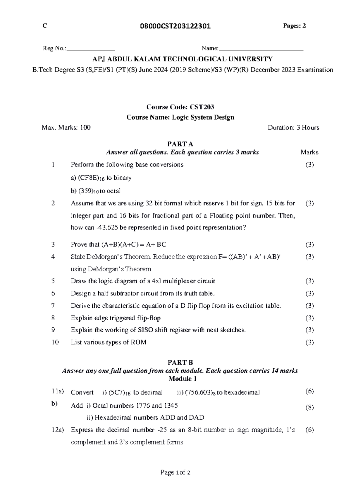 CST203-QP - Previous year question paper of LSG - 08000CST Page 1 of 2 Course Code: CST Course ...