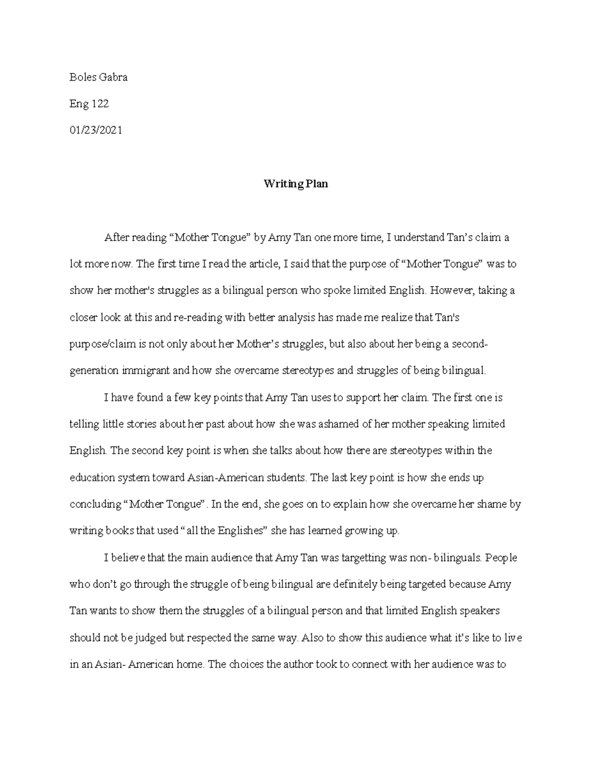 Wrtiting Plan - writing plan for essay - Boles Gabra Eng 122 01/23 ...