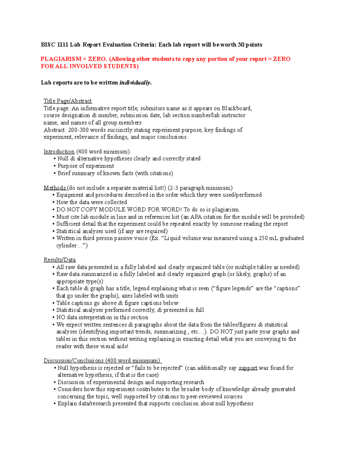 BISC 1111 Lab Report Evaluation Criteria Fall 2023 - BISC 1111 Lab ...