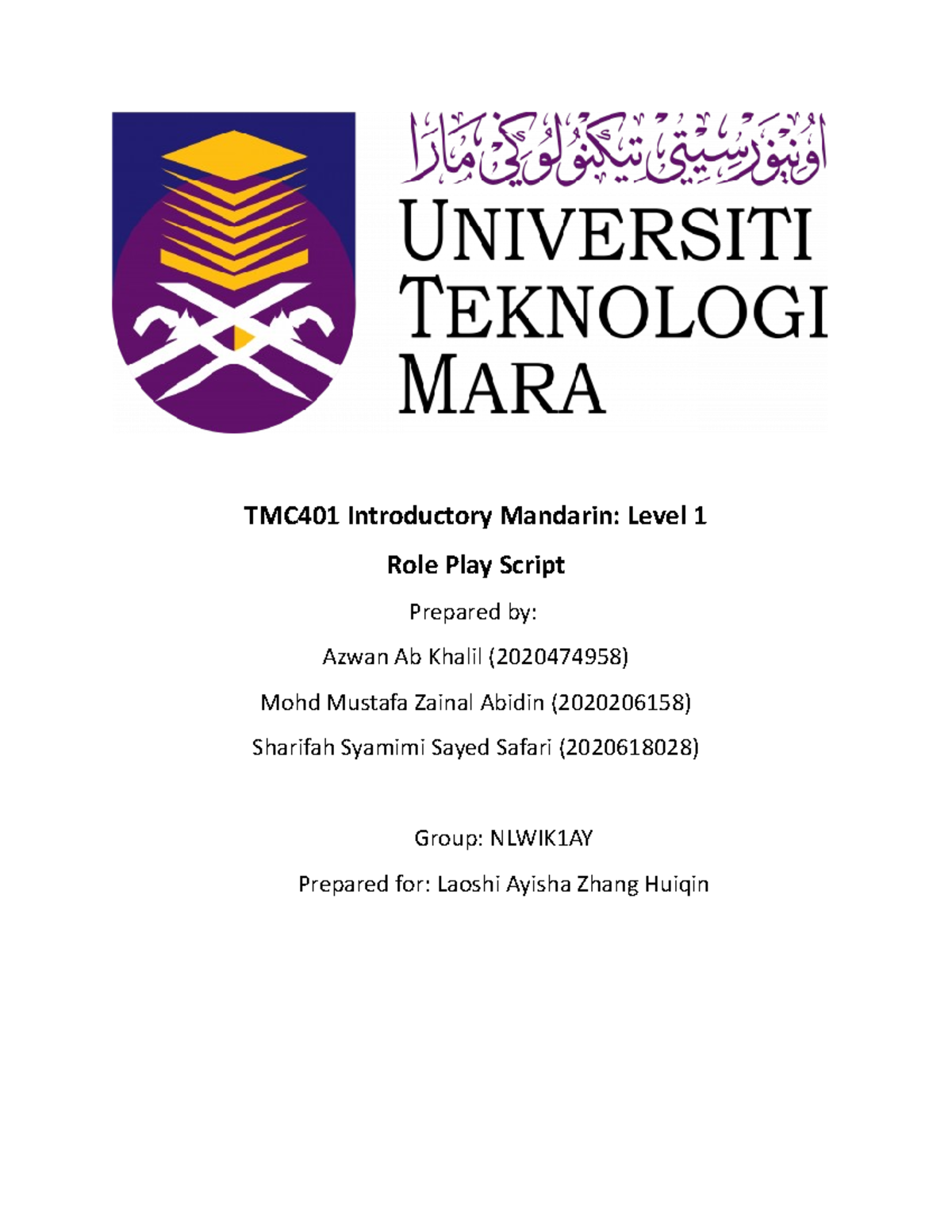 Mandarin Role-play Script - TMC401 Introductory Mandarin: Level 1 Role Play Script Prepared by ...